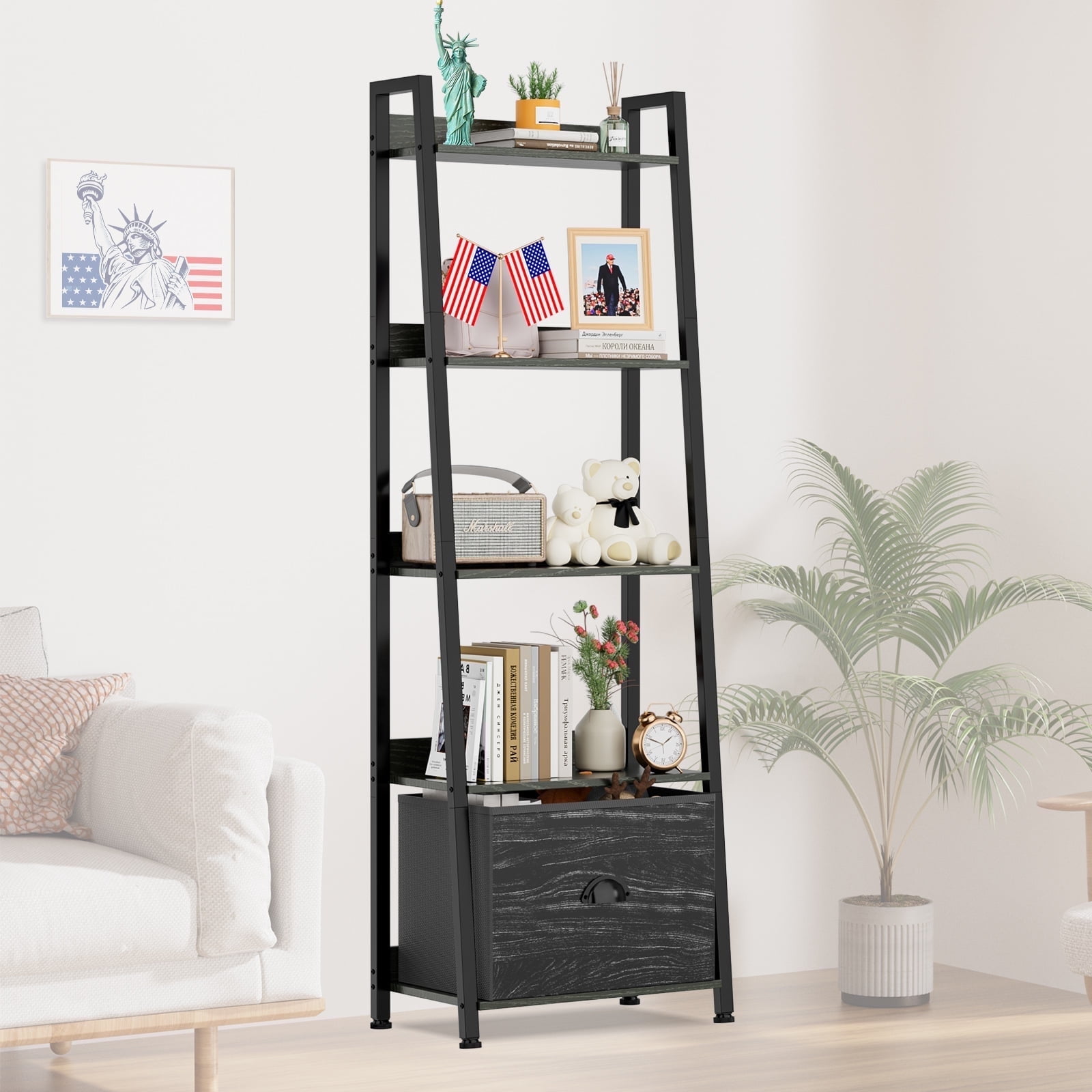 Upgraded Ladder Shelf, 5-Tier Elevated Ladder Bookshelf with Drawers ...