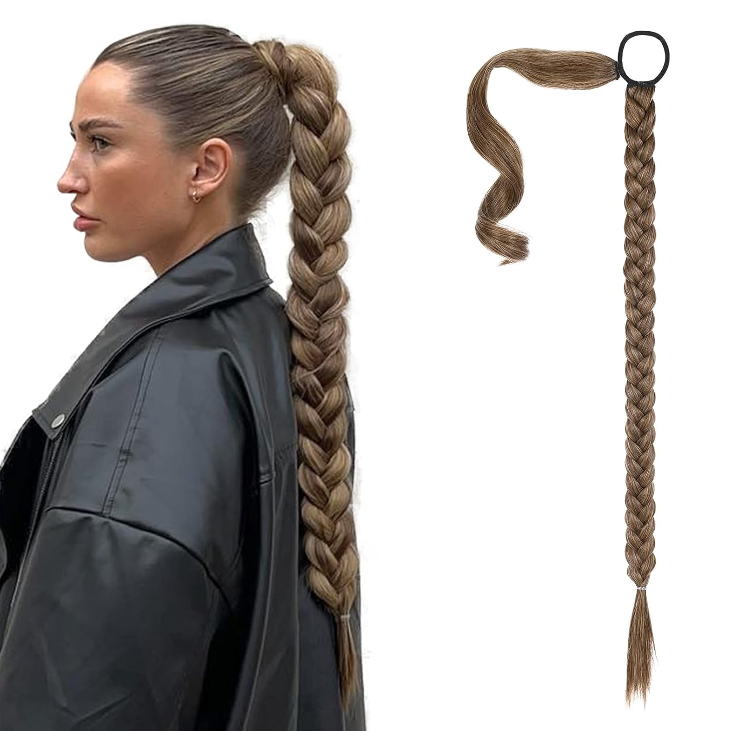 Upgraded Long Braid Ponytail Extension with Elastic Tie Straight Sleek ...