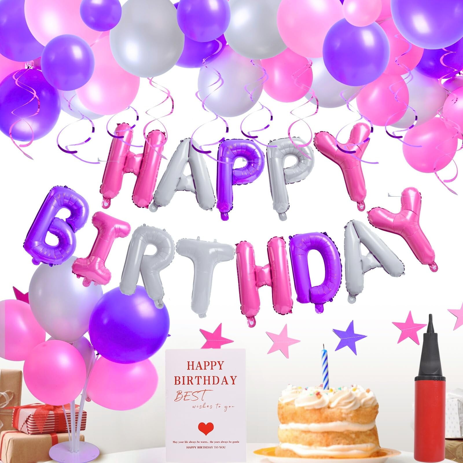 Upgraded Purple Happy Decorations, STF9 Happy Birthday Banner, Balloons, Hanging Swirls, Balloon ...