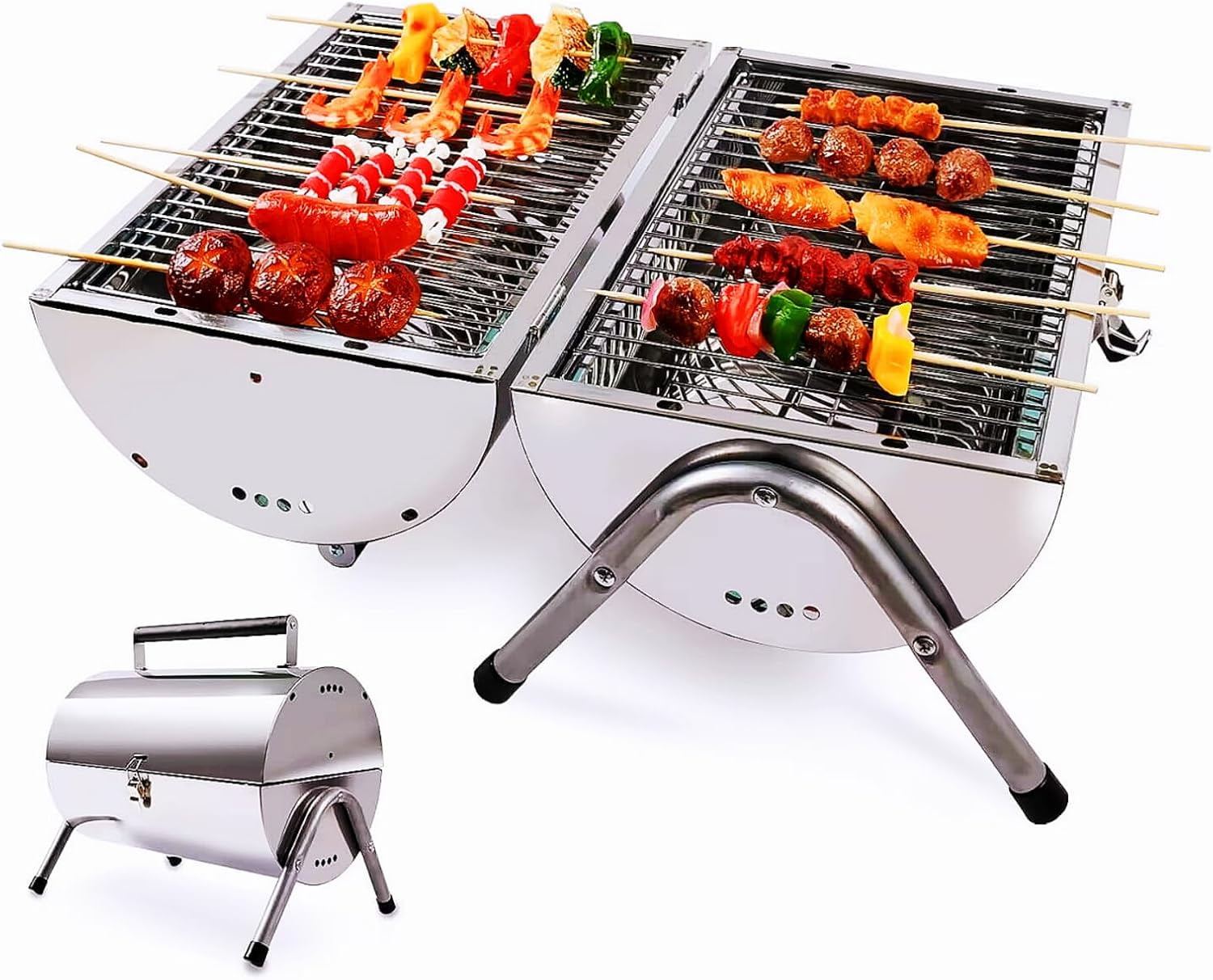 Upgraded Rust-Resistant Premium Stainless Steel Portable Charcoal Grill, Dual Large Grilling ...
