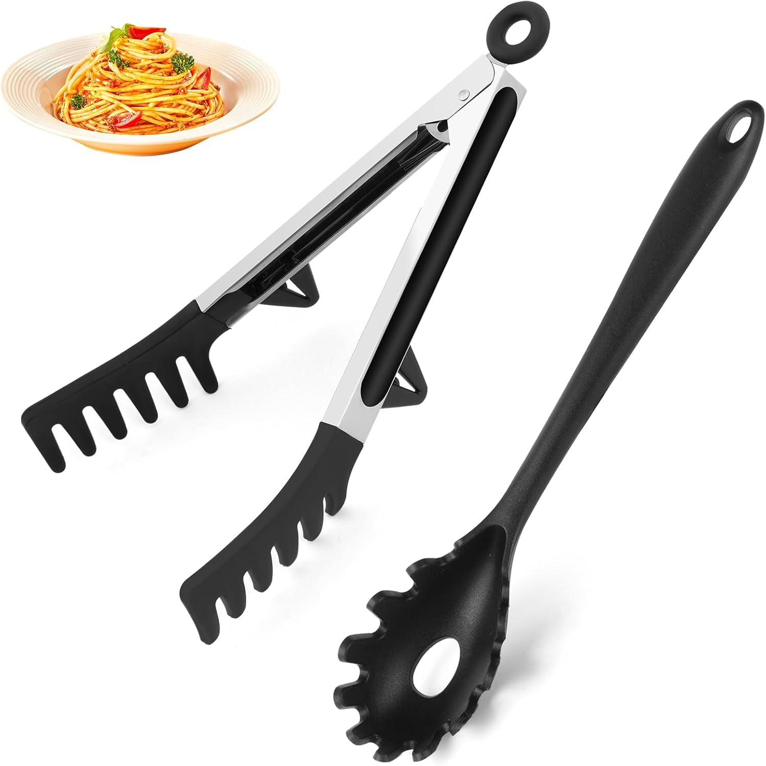 Upgraded Silicone Spaghetti Spoon and Pasta Tong Set – Sturdy Pasta ...