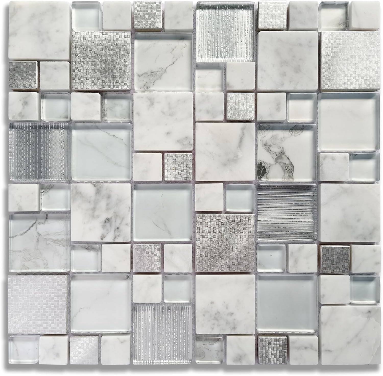 Upgraded Silver Metallic Glass Mosaic Tiles Mixed Carrara White Marble ...