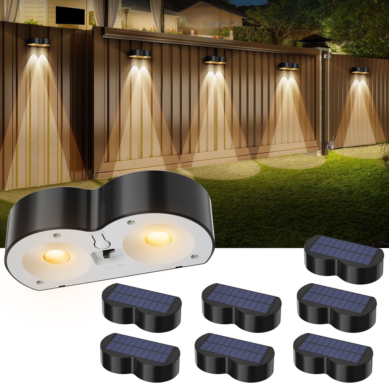 Upgraded Solar Fence Lights Outdoor 8 Pack With Spot Lensed, Warm White ...