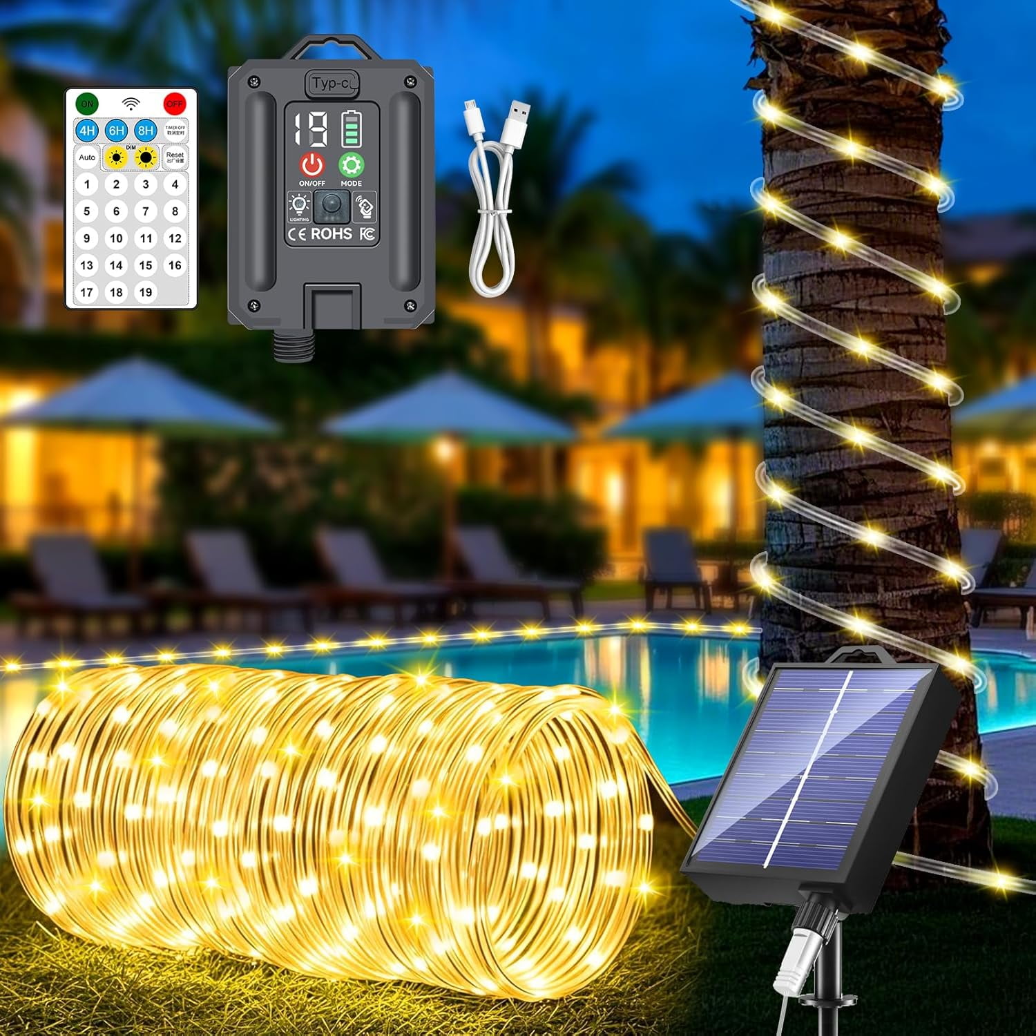 Upgraded Solar Rope Lights Outdoor Waterproof 105ft 300 LED Solar ...
