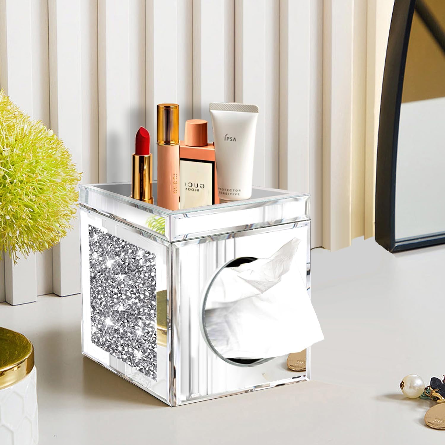 Upgraded Square Tissue Box Cover with Storage Tray, Crystal Crushed ...