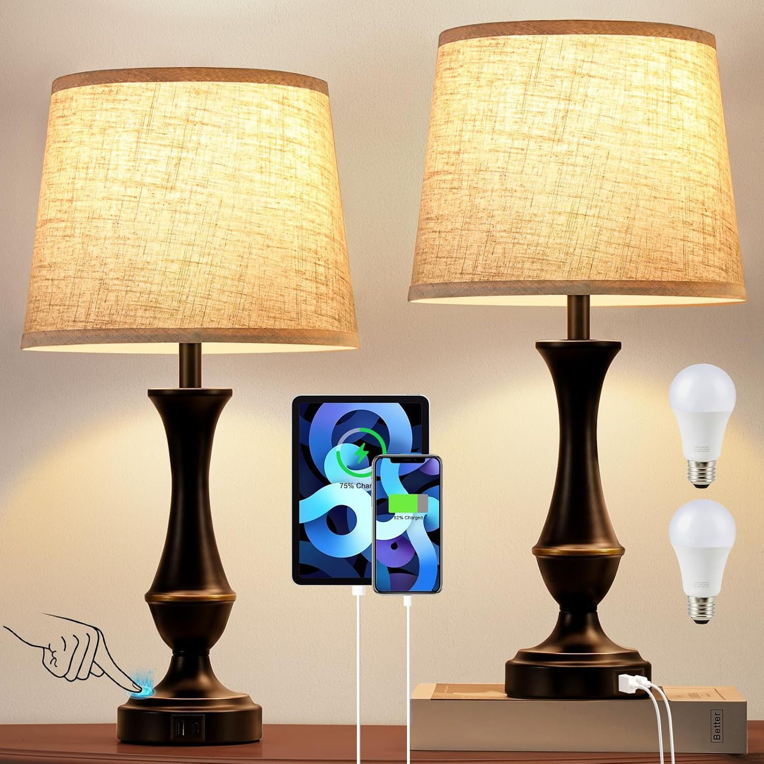 Upgraded Touch Lamps for Bedrooms Set of 2 - Nightstand Table Lamp with ...