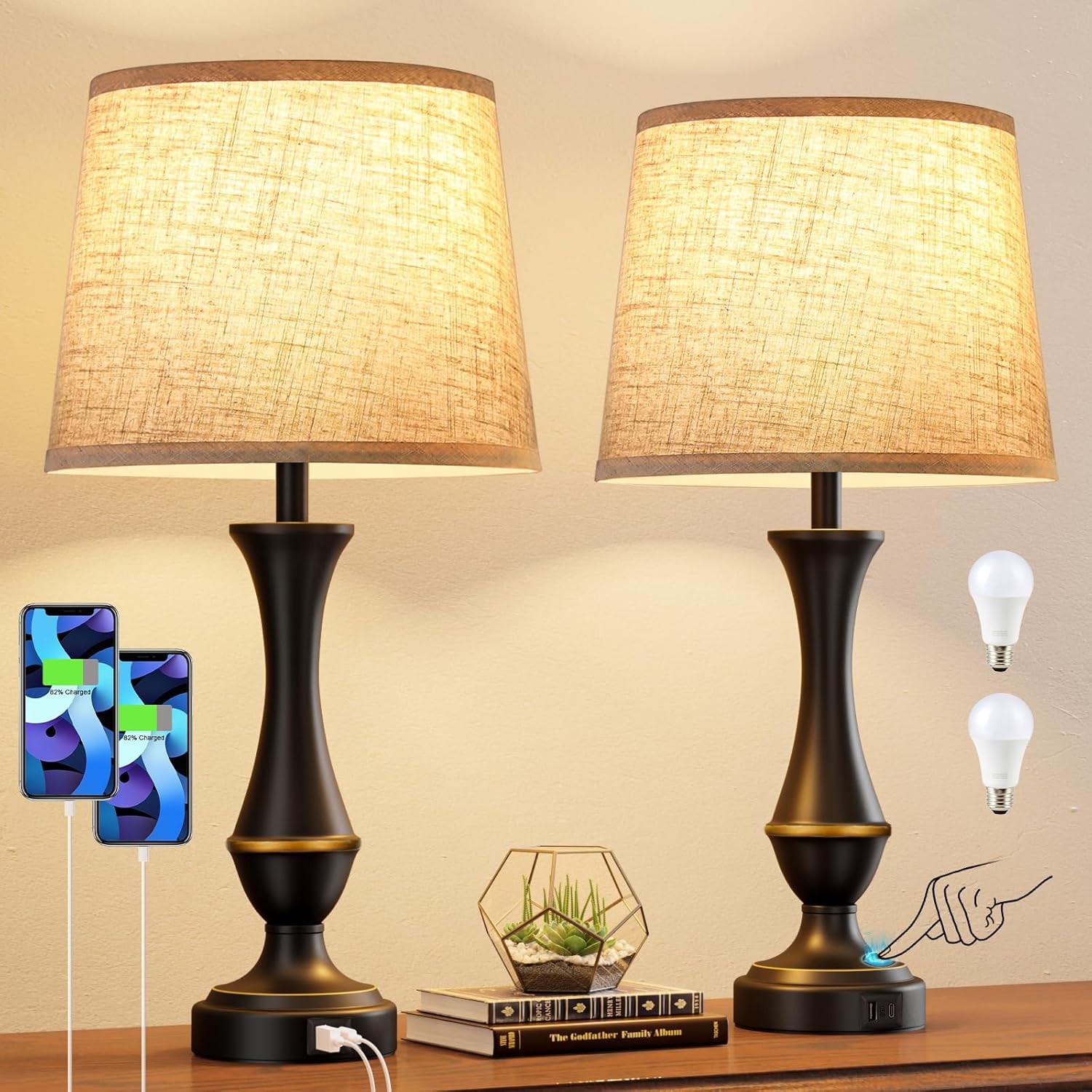 Upgraded Touch Lamps for Night Stands Set of 2 - Bedside Lamps with USB ...