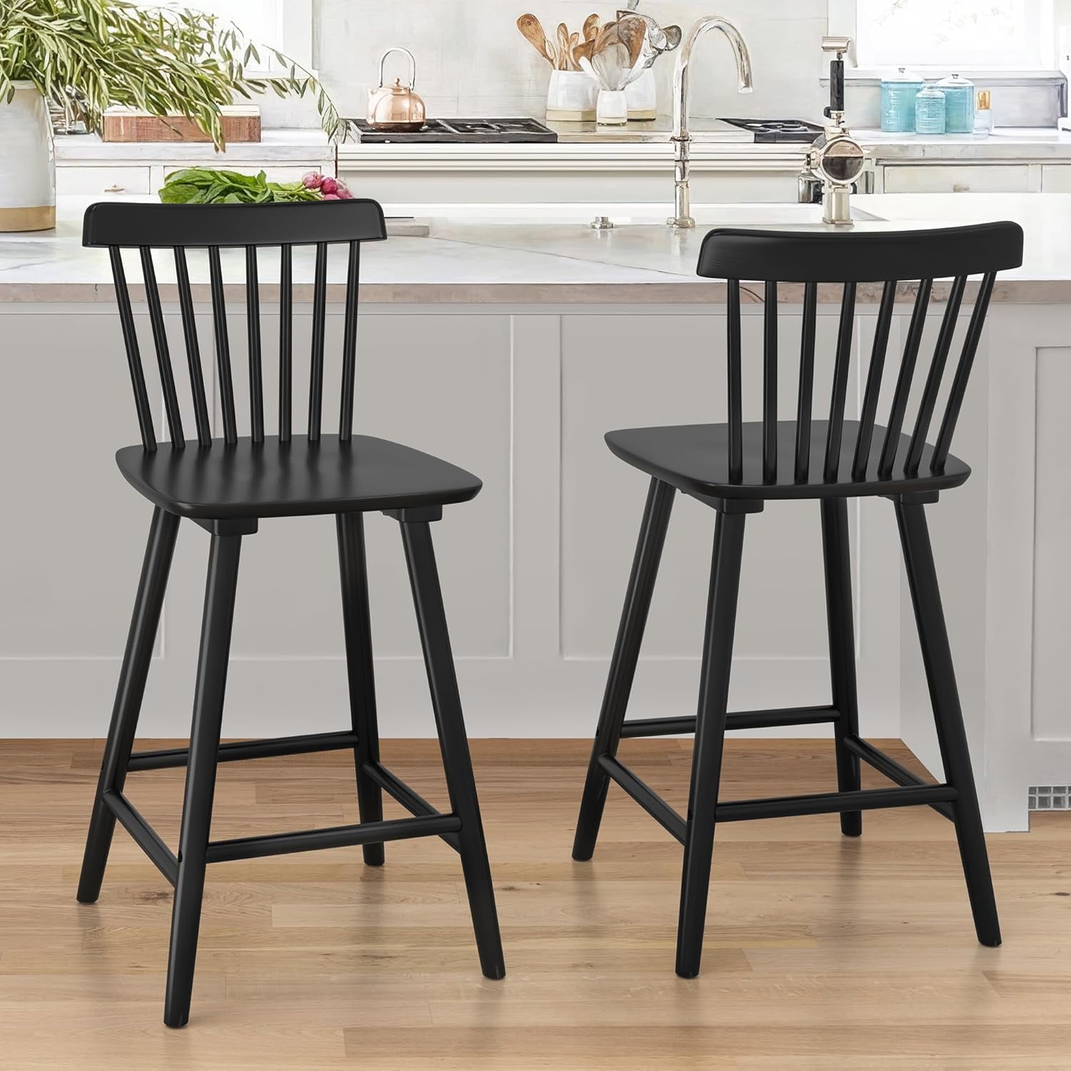 Upgraded Windsor Wooden Black Bar Stools Set of 3 24 Inch Counter ...