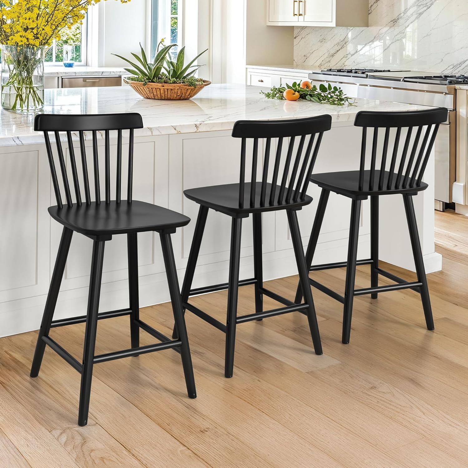 Upgraded Windsor Wooden Black Bar Stools Set of 3 24 Inch Counter ...