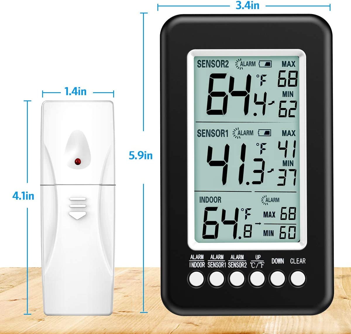 Upgraded Wireless Refrigerator Thermometer with 2 Sensors, Indoor ...