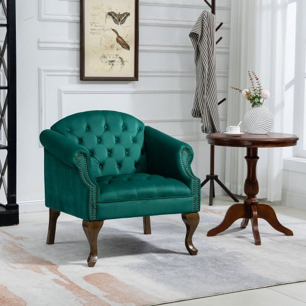 Upholstered Accent Chair, Velvet Lounge Chair with Wood Legs and Button ...