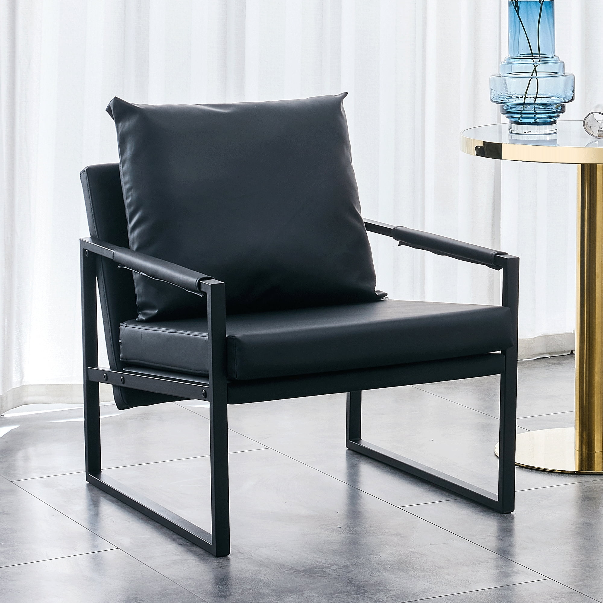 Upholstered Armchair with Metal Frame,PU Leather Accent Arm Chair ...