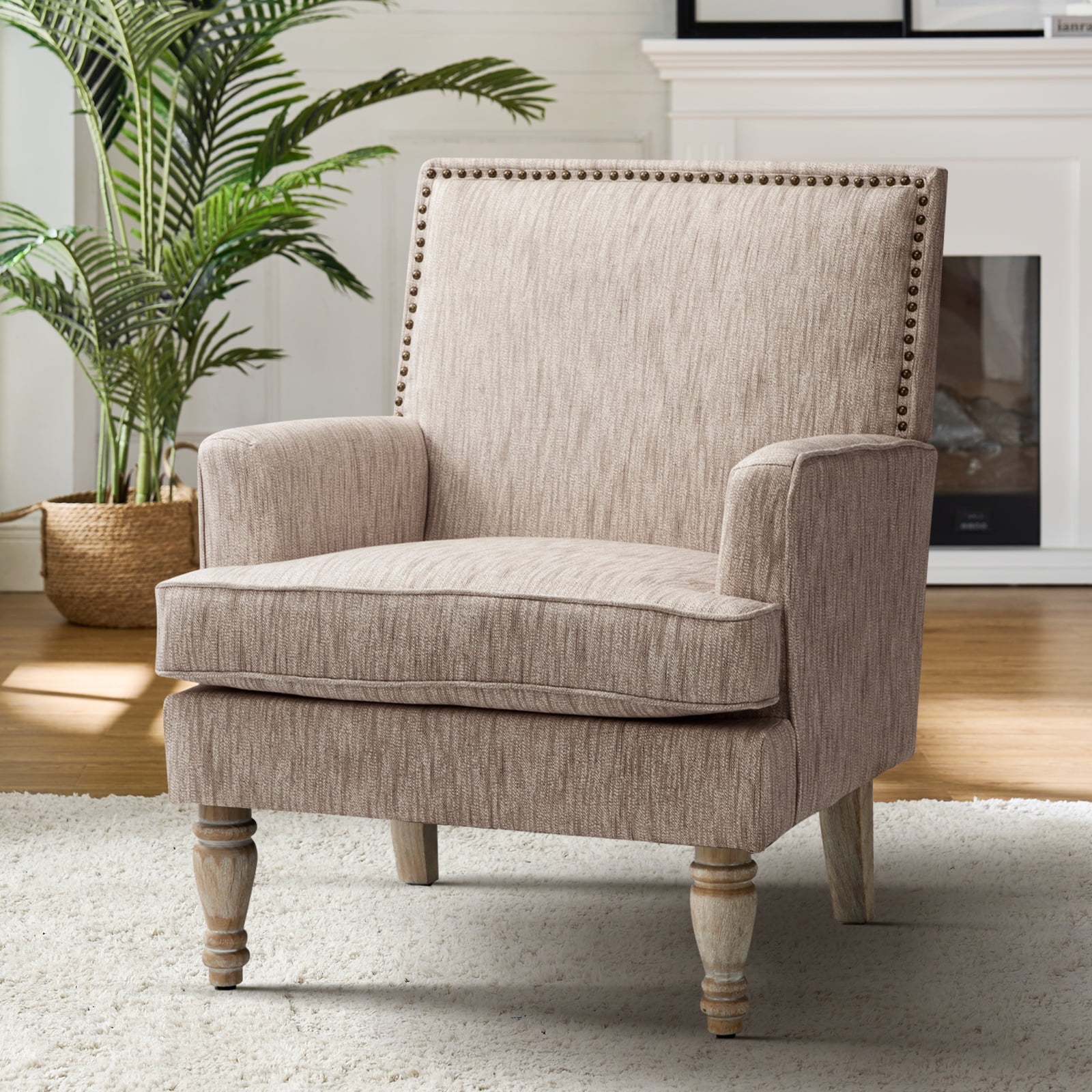 Modern Traditional Upholstered Armchair with Turned Legs, Nailhead Trim ...