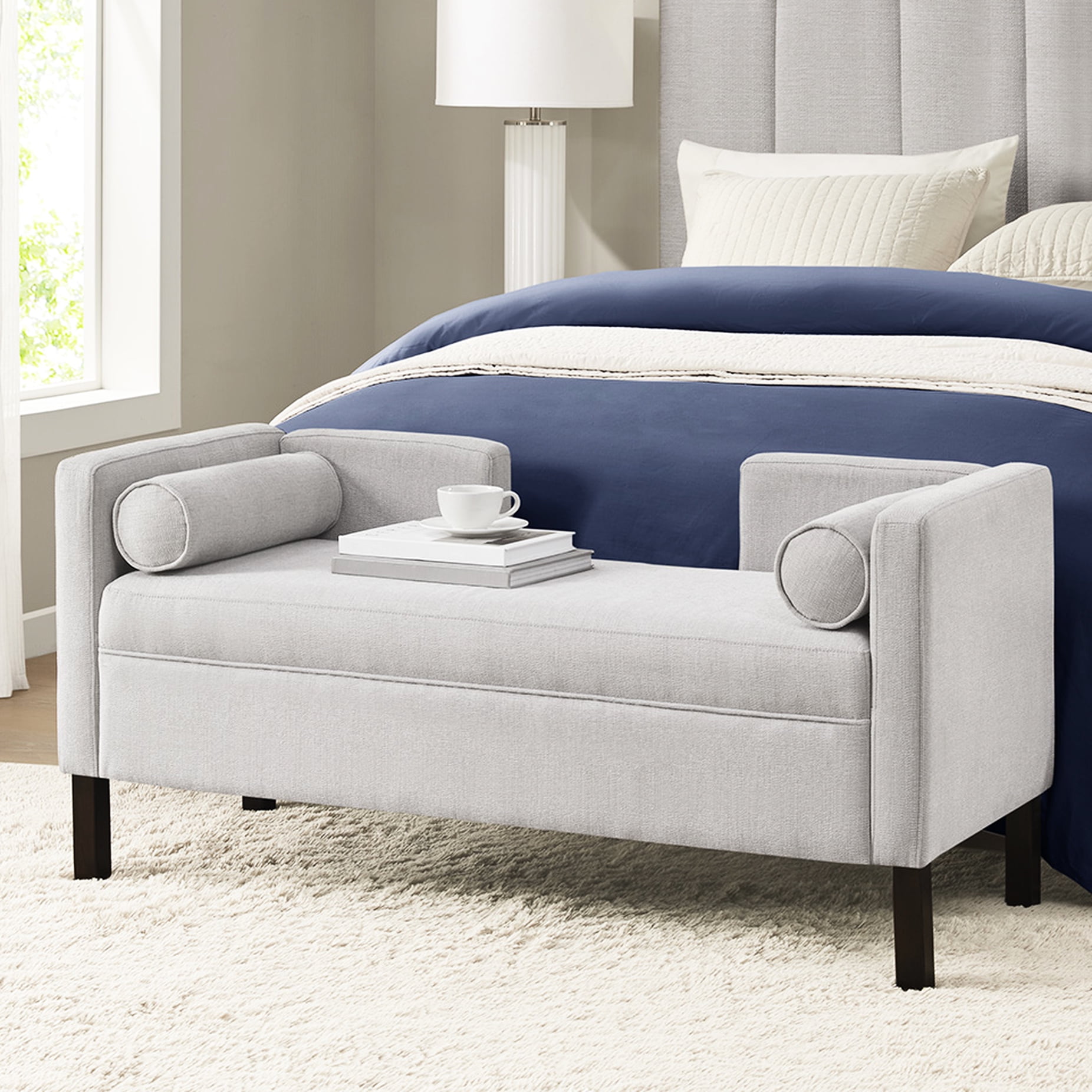 Upholstered Back Bench, Gray Upholstery, Dark Coffee Solid Legs, 2 ...