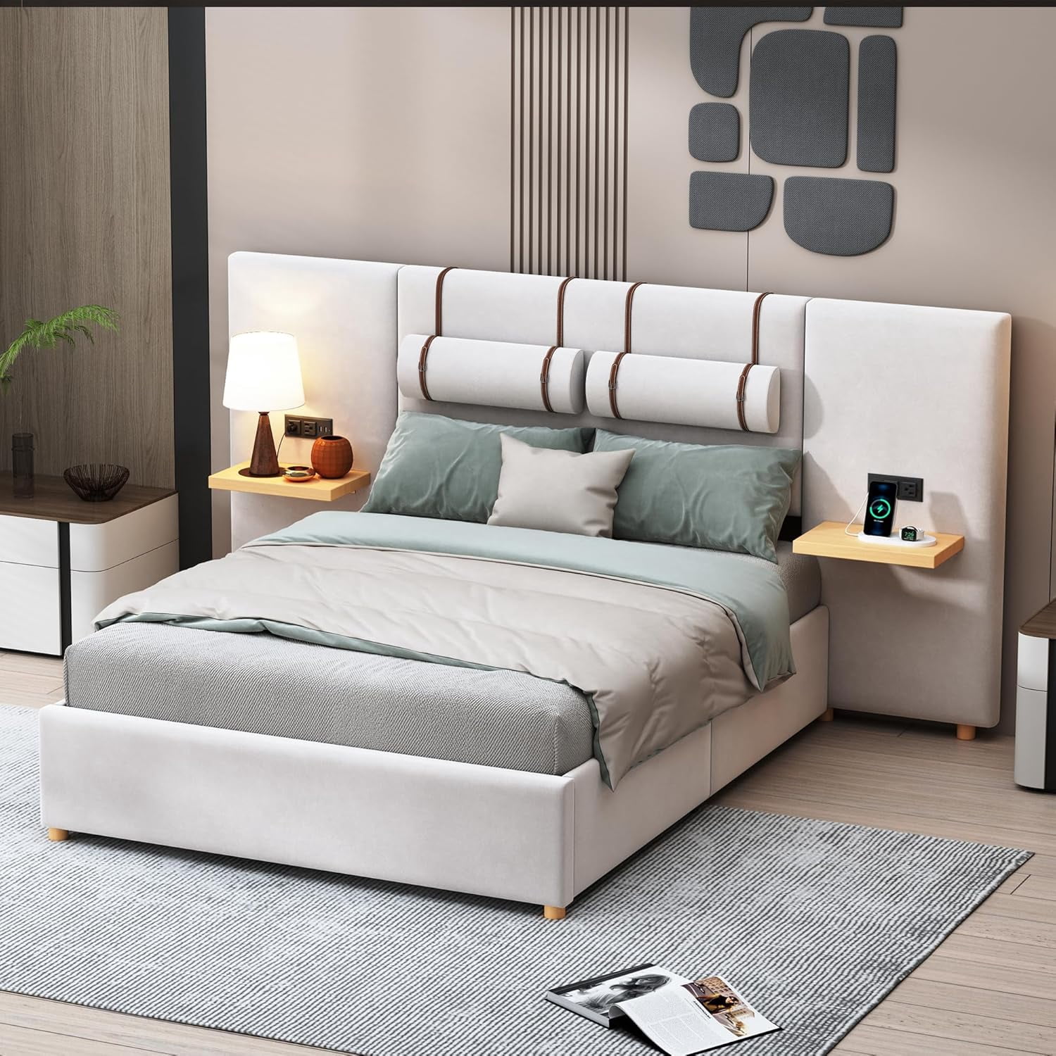 Upholstered Bed Frame Full Size with Two Ultra-Soft Headboard and Shelf ...