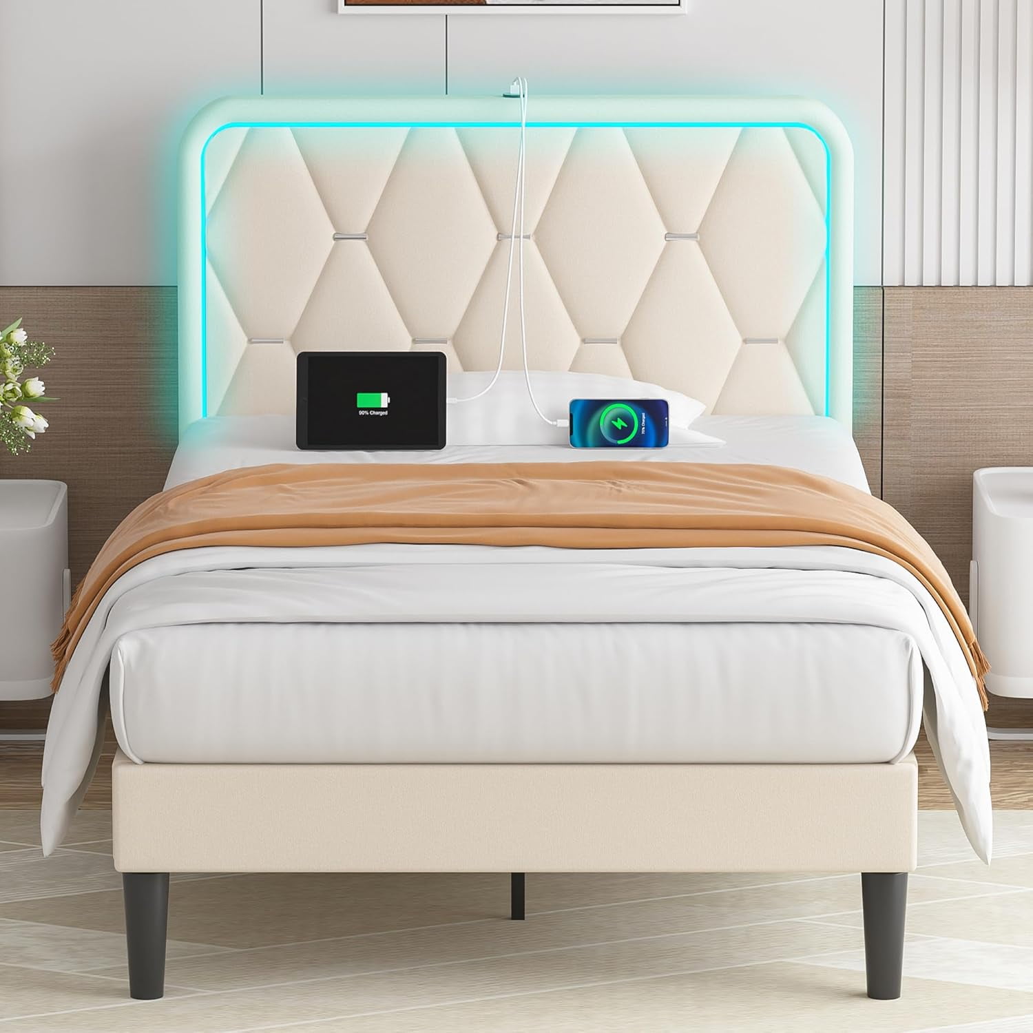 Upholstered Bed Frame with Headboard Adjustable, Platform Bed with ...