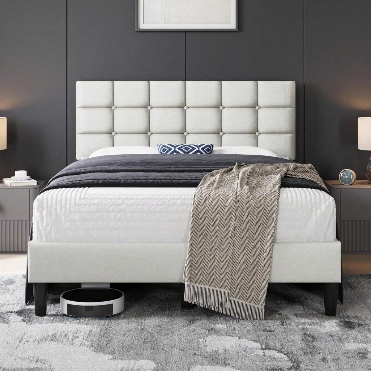Upholstered Bed Frame, Modern Queen Bed Platform with Square Stitched ...