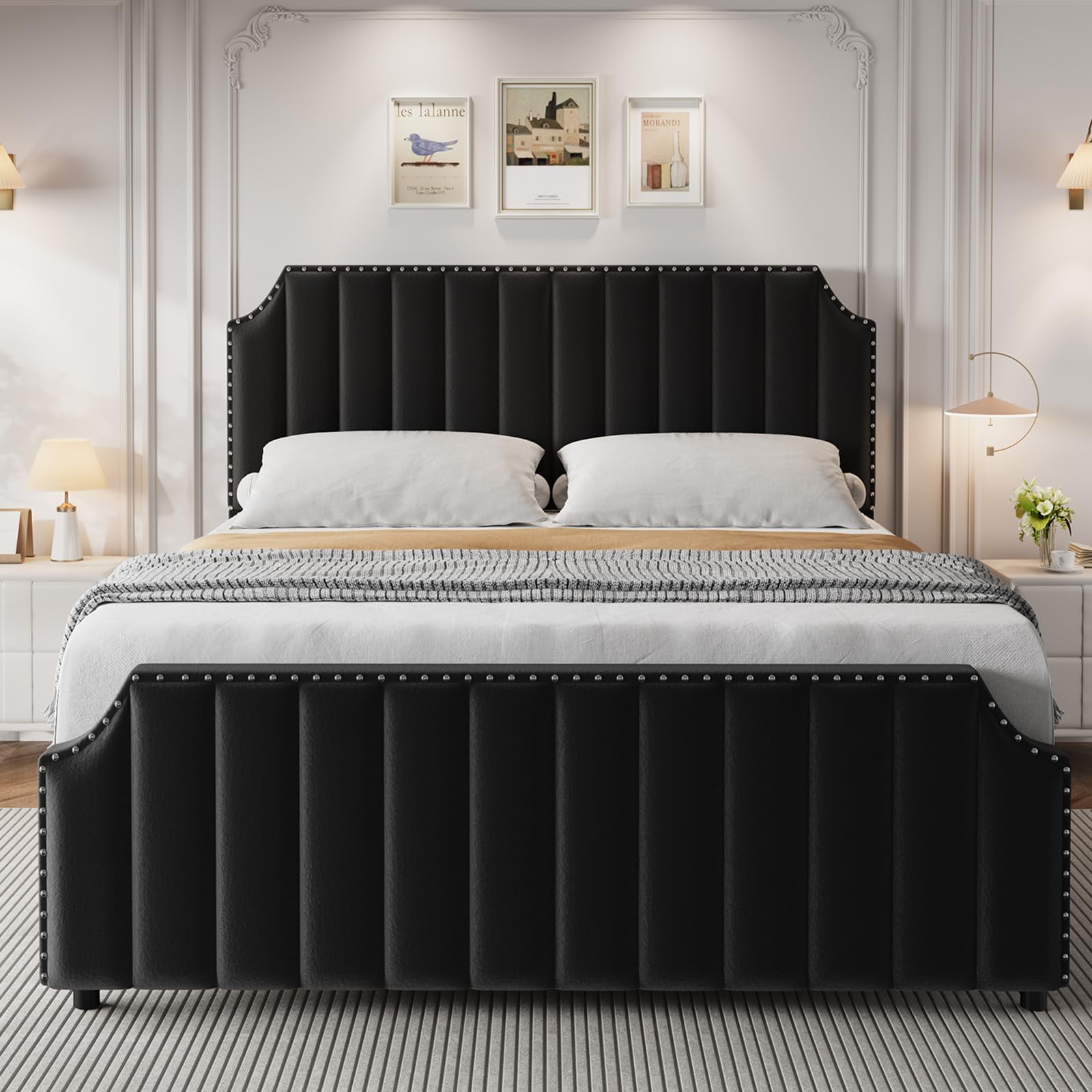 Upholstered Bed Frame Queen Size with Nailhead Trim Headboard and ...