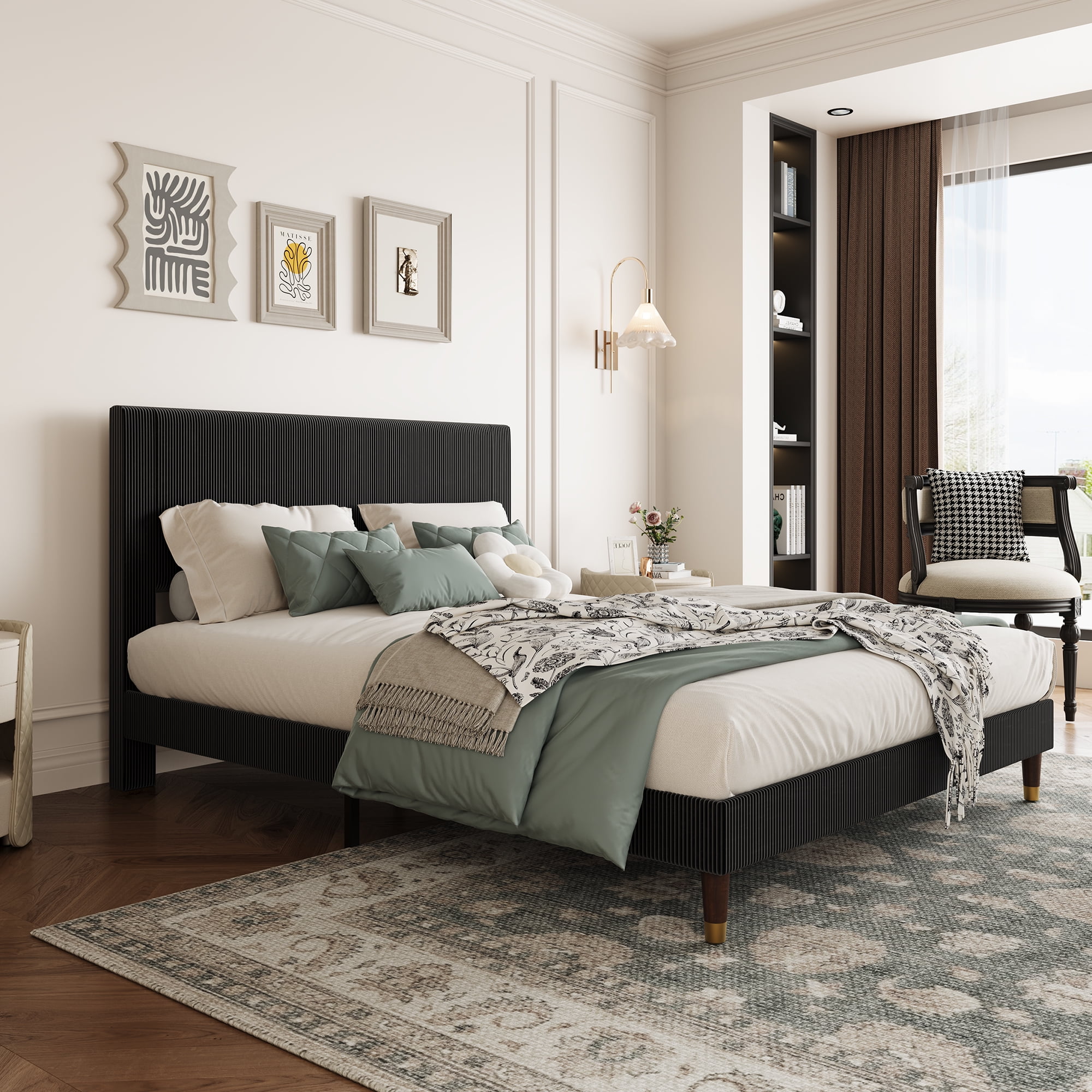 Upholstered Bed Frame with Headboard, Full Size Platform Bed - Corduroy ...