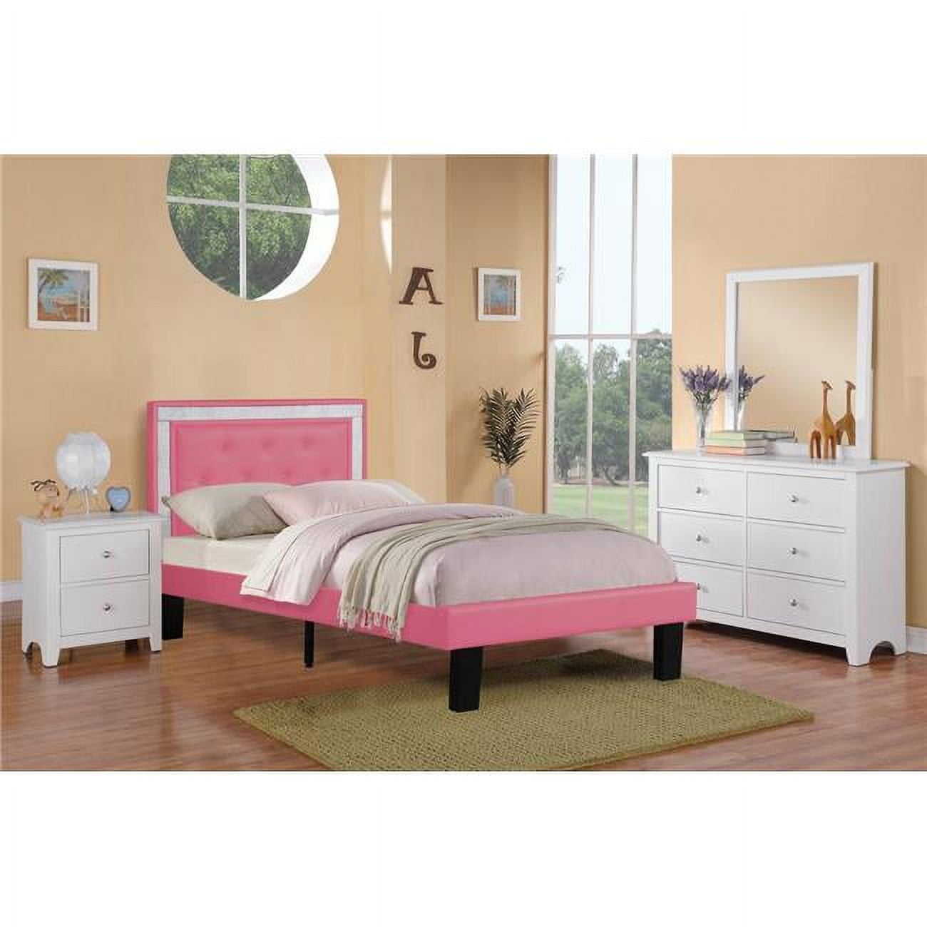 Upholstered Bed Frame with Slats in Pink Faux Leather - Twin Size ...