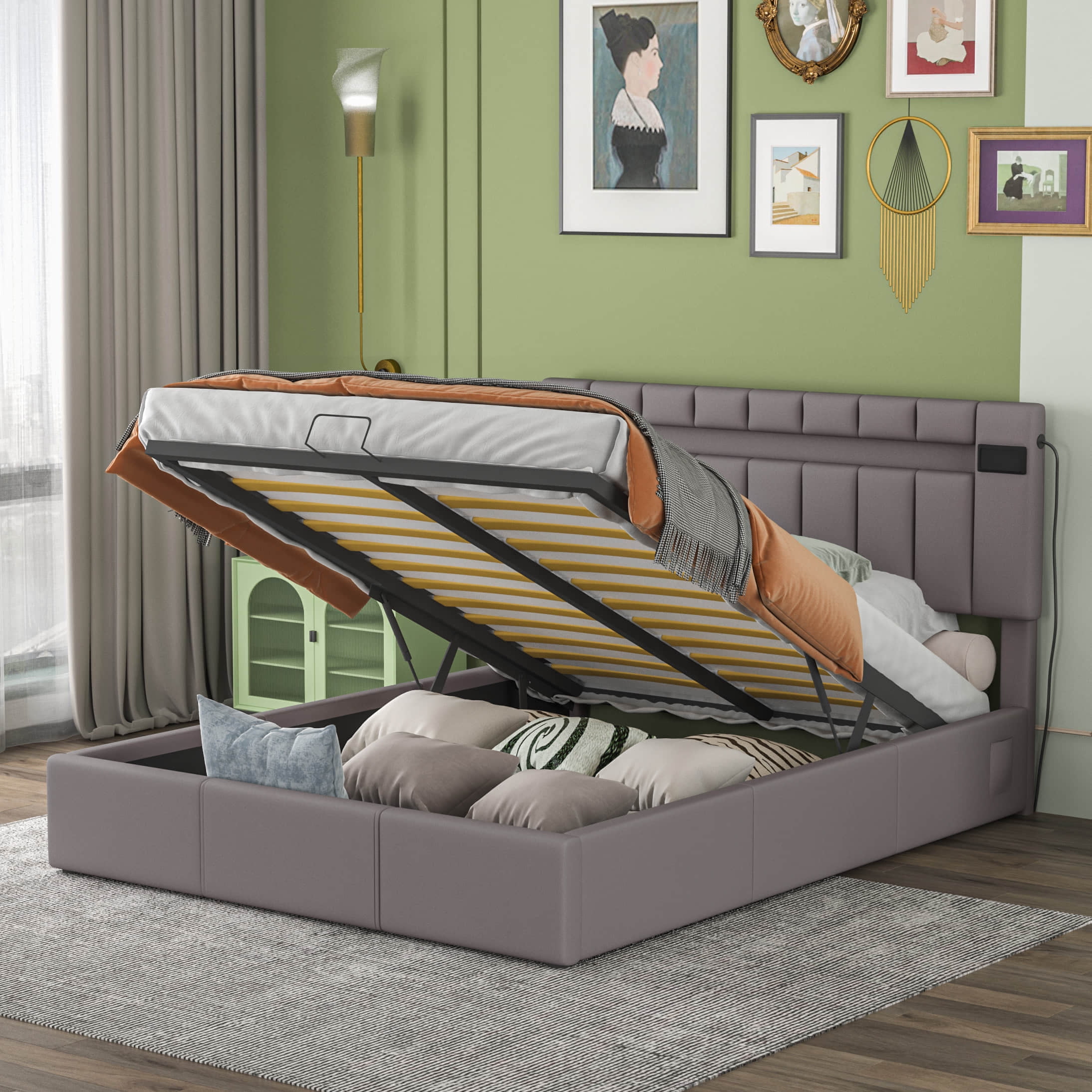 Upholstered Bed Full Size with LED light, Bluetooth Player and USB ...