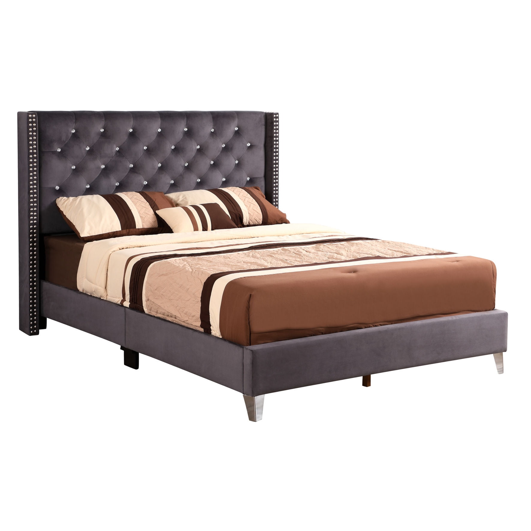 Upholstered Bed (Queen) / Gray Velvet, Foam Filled, 50" Height ...