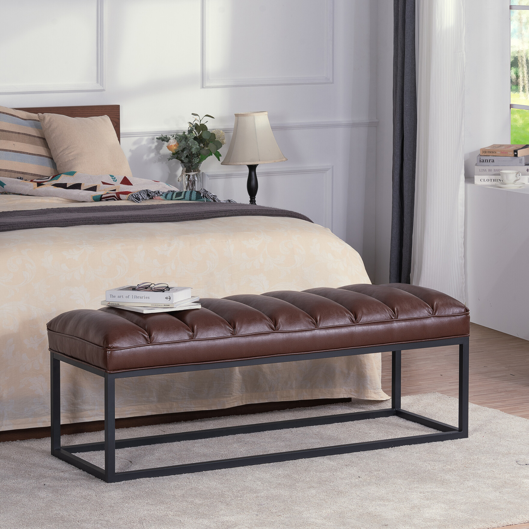Upholstered Bedroom Bench, Tufted Channel Bench with Black Metal Base ...