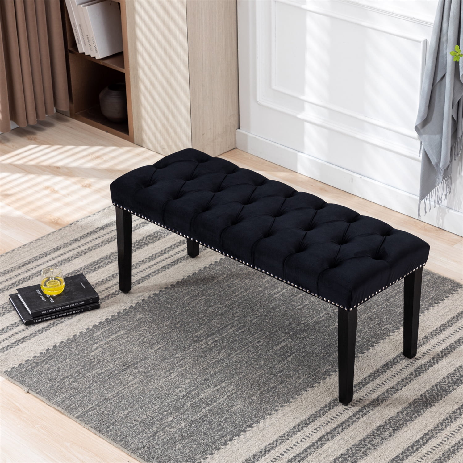 Upholstered Bench Ottoman, Velvet Couch Long Bench Ottoman with Wood ...