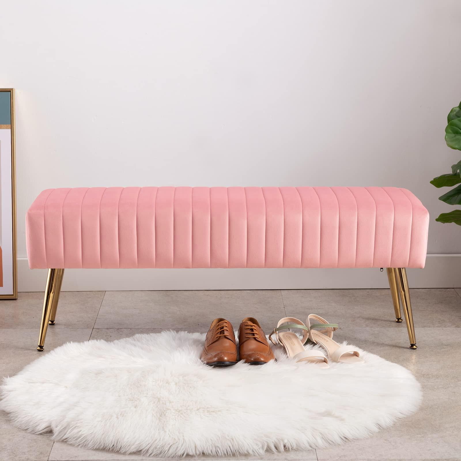 Upholstered Bench, SYNGAR Modern Pink Velvet Fabric Ottoman Bench with ...