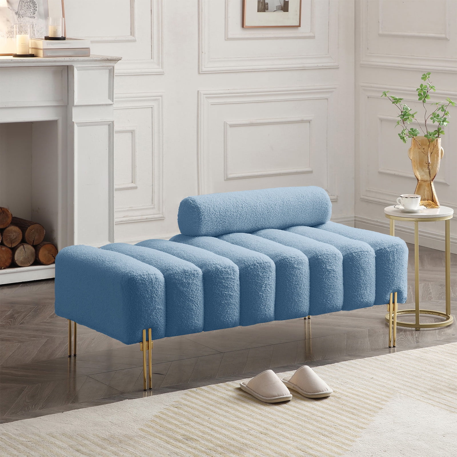 Upholstered Bench Sofa, Entryway Long Stool, Adjustable Round Backrest ...