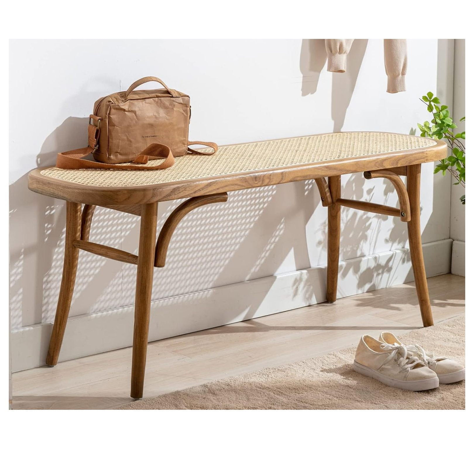 Upholstered Bench Wicker Rattan Entryway Bench Rustic Solid Wood 45 ...