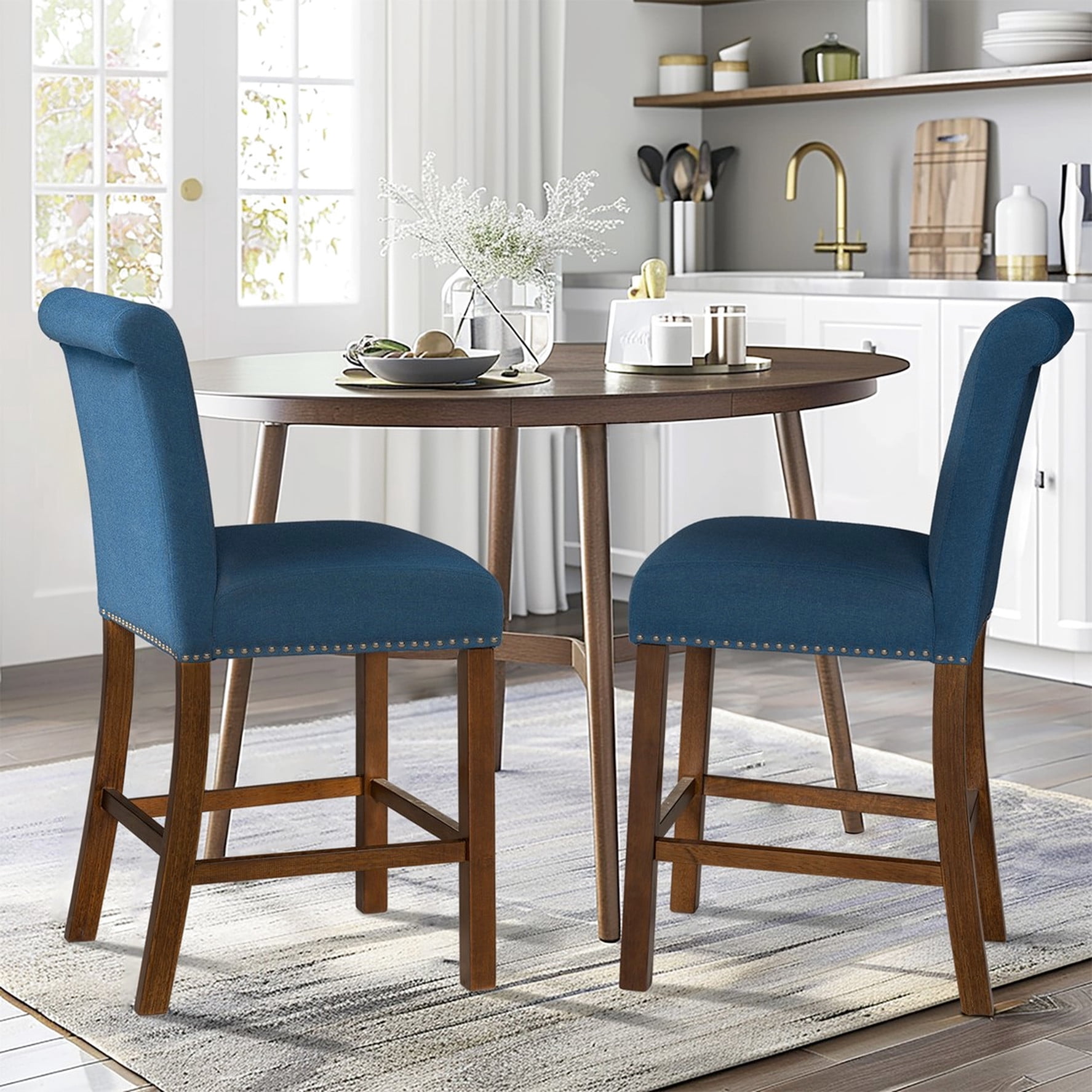 Upholstered Blue Stools - Solid Wood Legs and Rollback - Counter ...