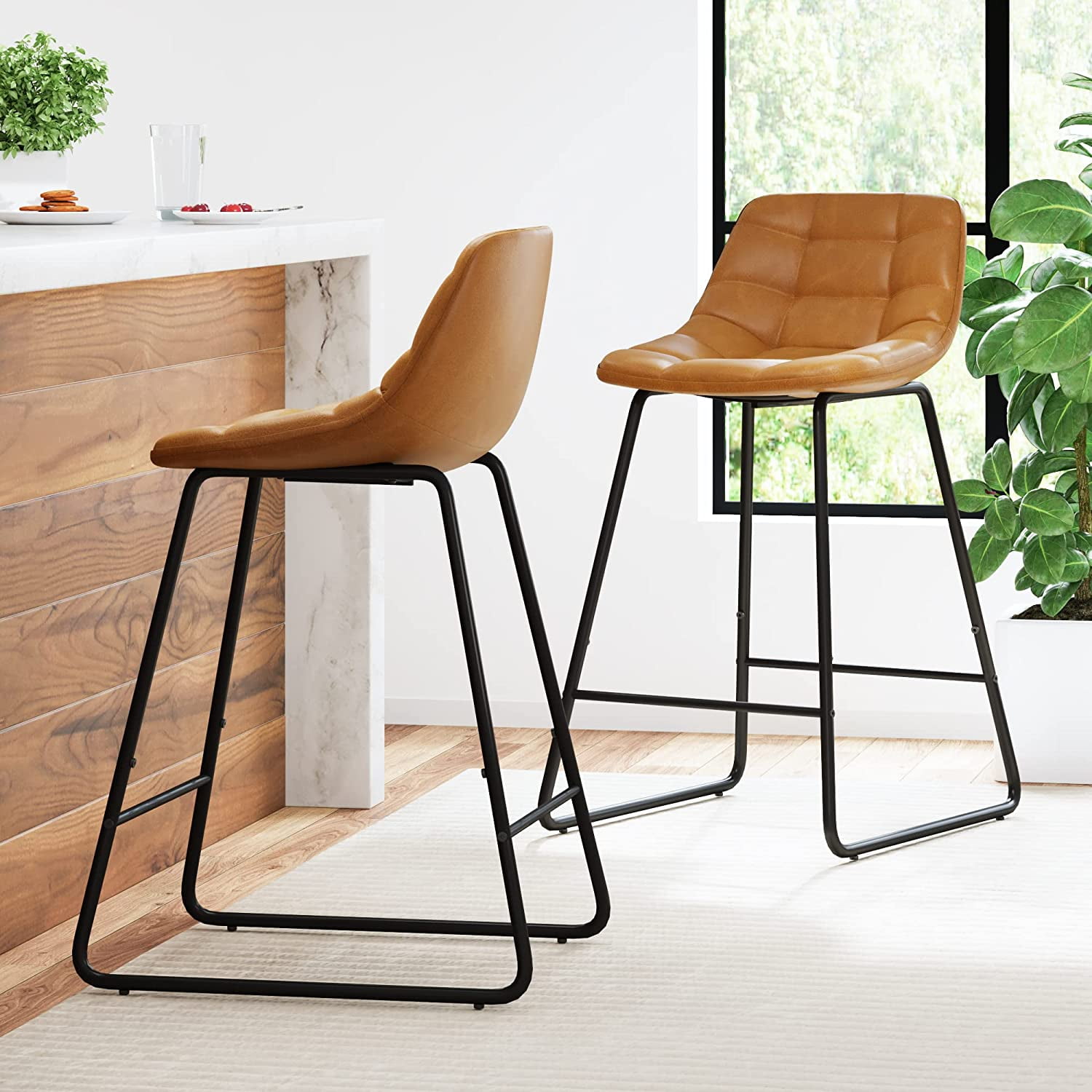 Upholstered Checkered Pattern Bar Stools Faux Leather 24 Inch Counter ...