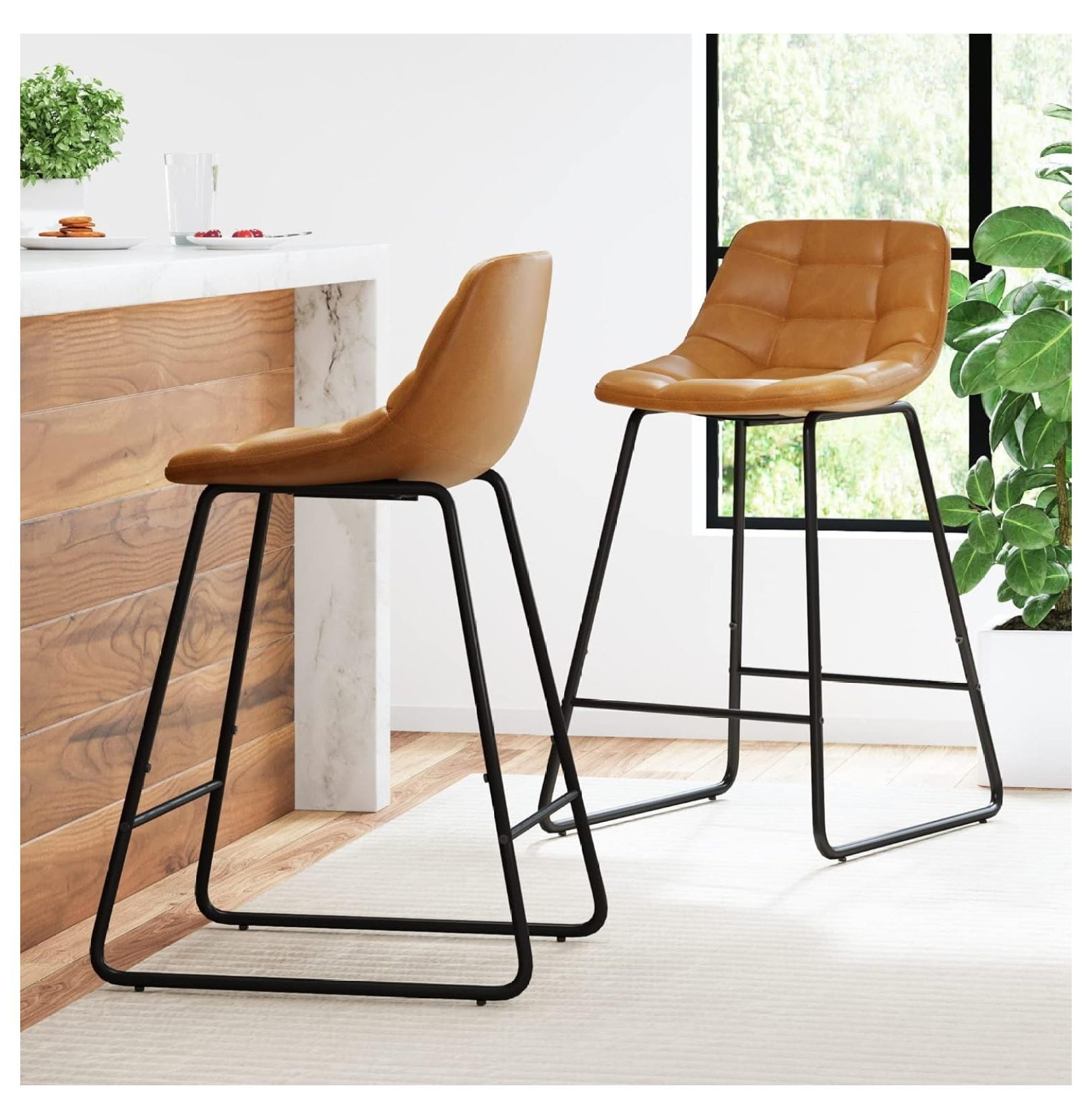 Upholstered Checkered Pattern Bar Stools Set of 2, Faux Leather 24 Inch ...