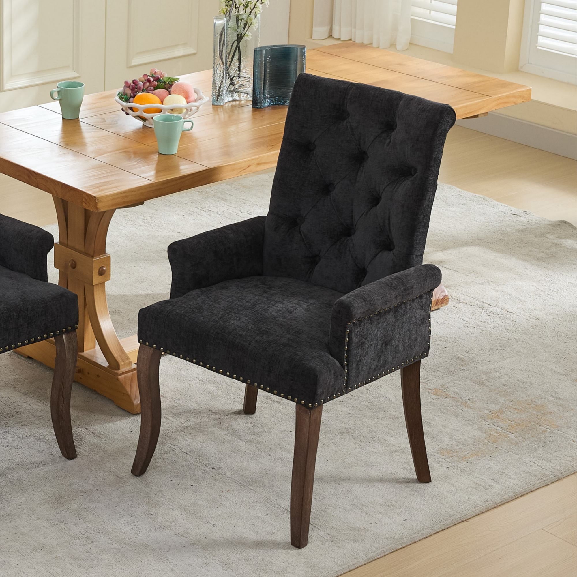 Upholstered Chenille Fabric Accent Dining Chair with Curved Solid Wood ...