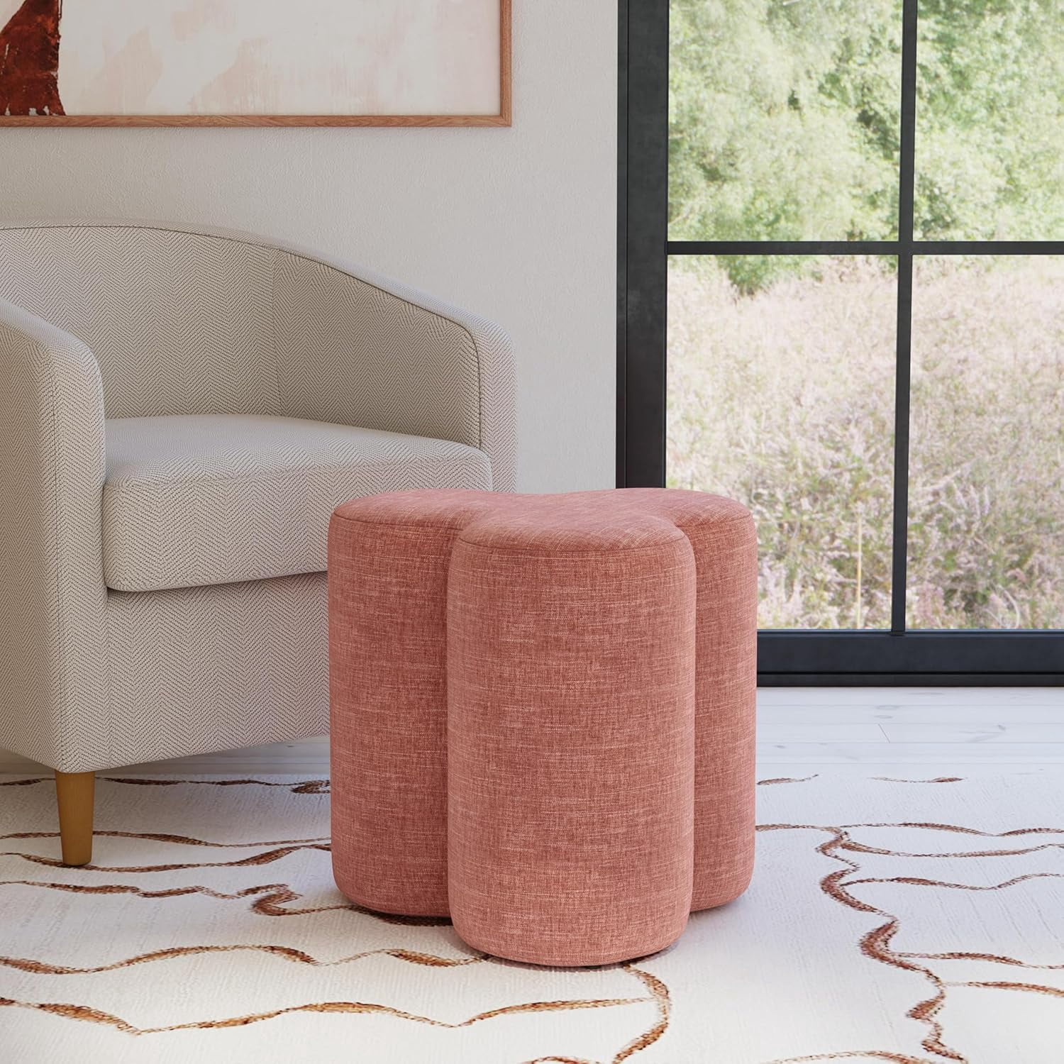 Upholstered Clover Shaped Ottoman Foot Pink Chenille for Living Room ...