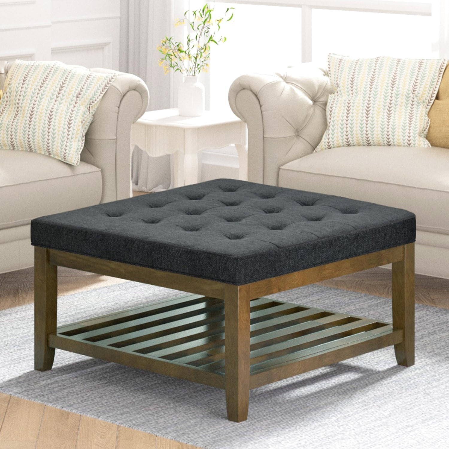 Upholstered Coffee Table, Large Square Ottoman Coffee Table, Tufted ...