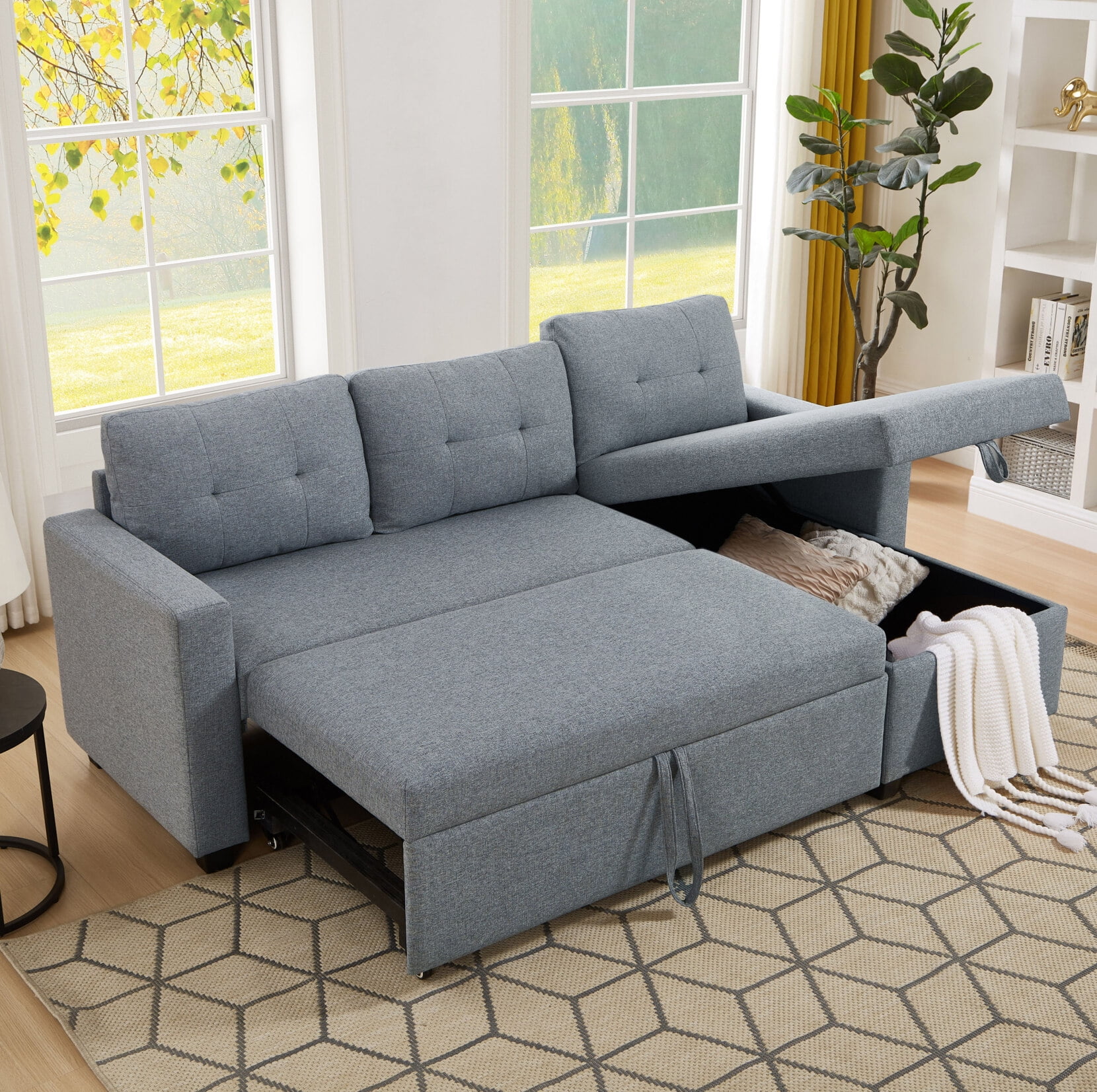 Upholstered Couch with Pull Out Storage Chaise, L-shaped Sectional Sofa ...