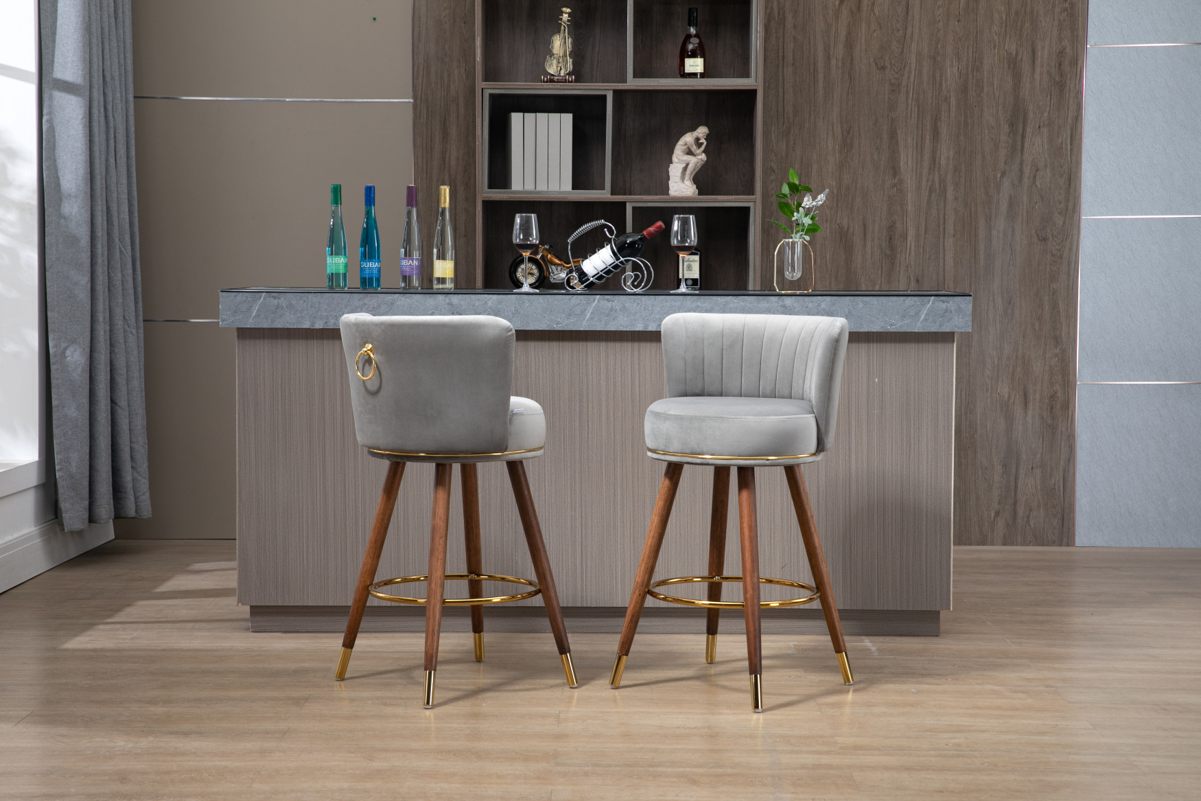 Upholstered Counter Height Bar Stools Set of 2, 360° Swivel Modern ...