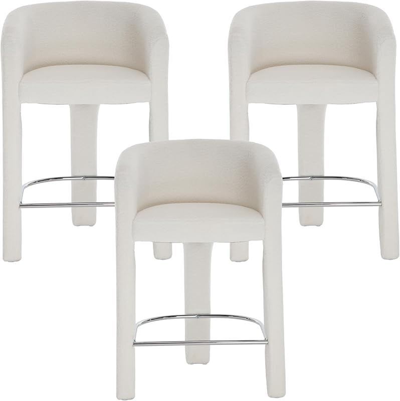 Upholstered Counter Height Stool, 26 Inch Barrel Boucle Sherpa Bar ...