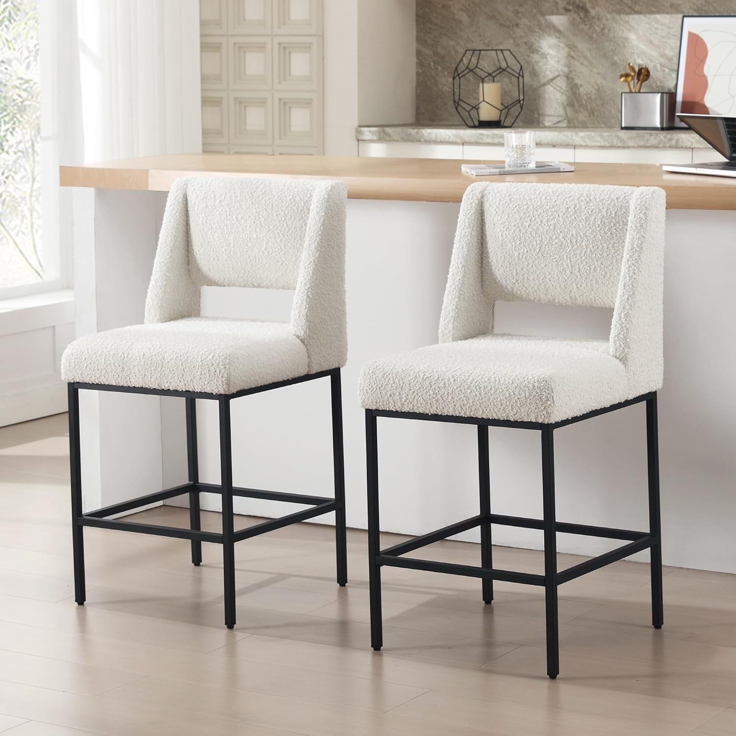 Upholstered Counter Height Stools Beige Linen Bar Stools with Metal ...