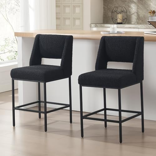 Upholstered Counter Height Stools, Black Boucle Bar Stools with Metal ...