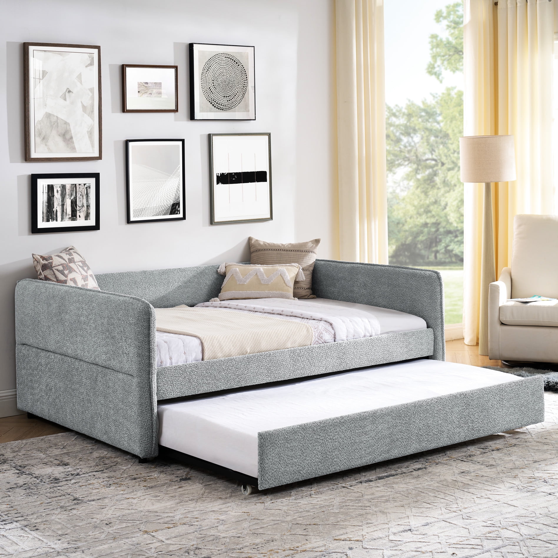 Upholstered Daybed With Trundle, Grey Boucle Fabric For A Comfortable ...