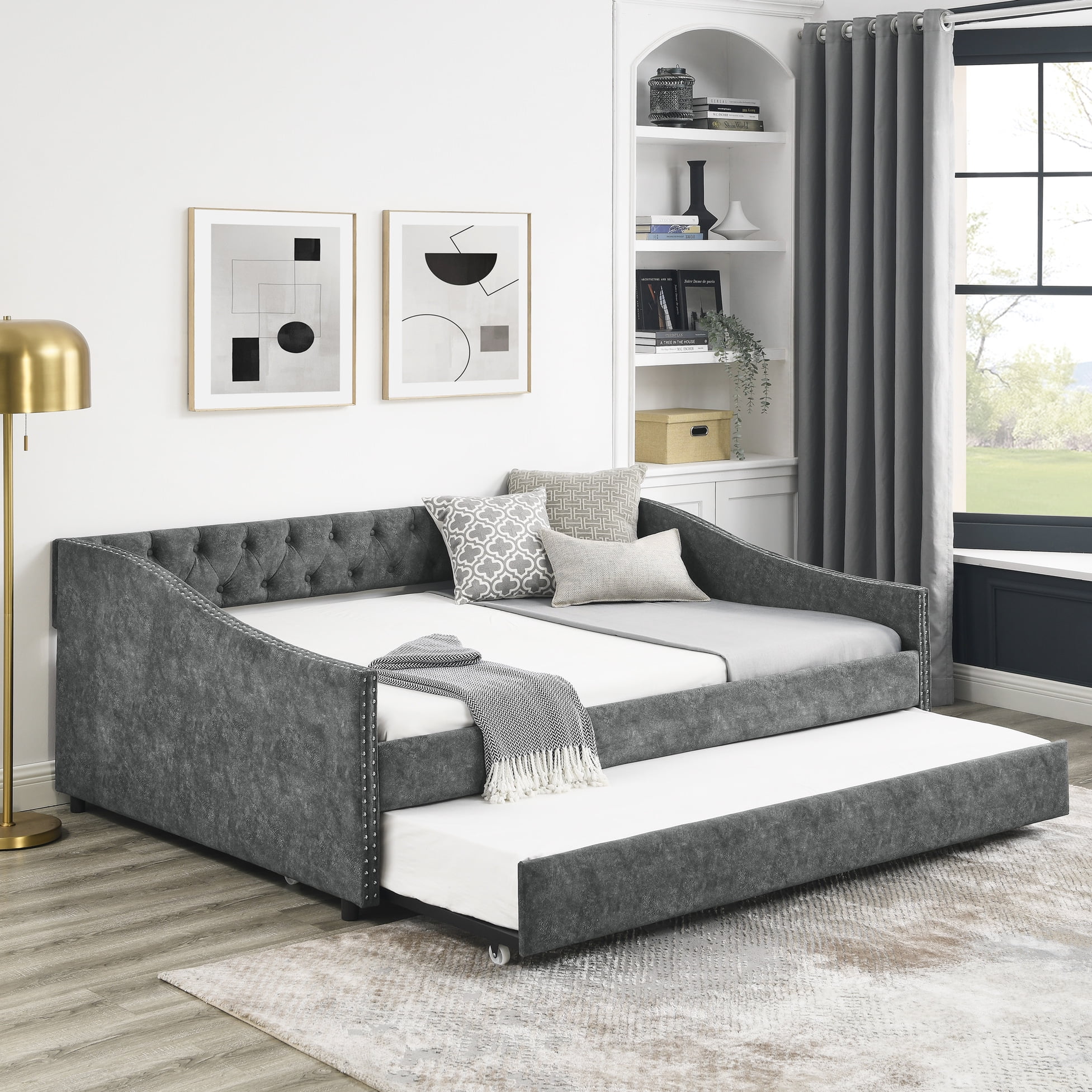 Upholstered Daybed With Twin Trundle, Grey Fabric, Comfortable Seating ...