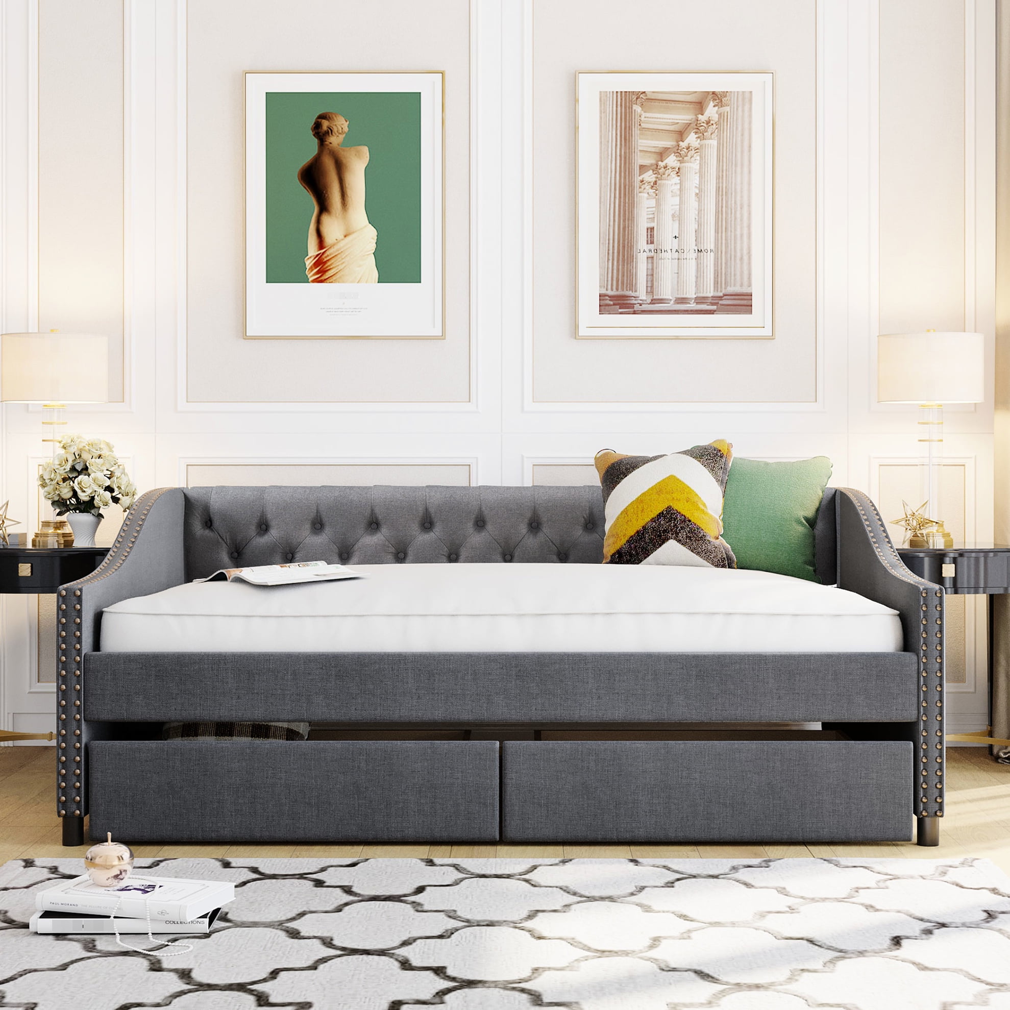 Upholstered Daybed With Two Drawers, Gray, Stable Support System Solid ...