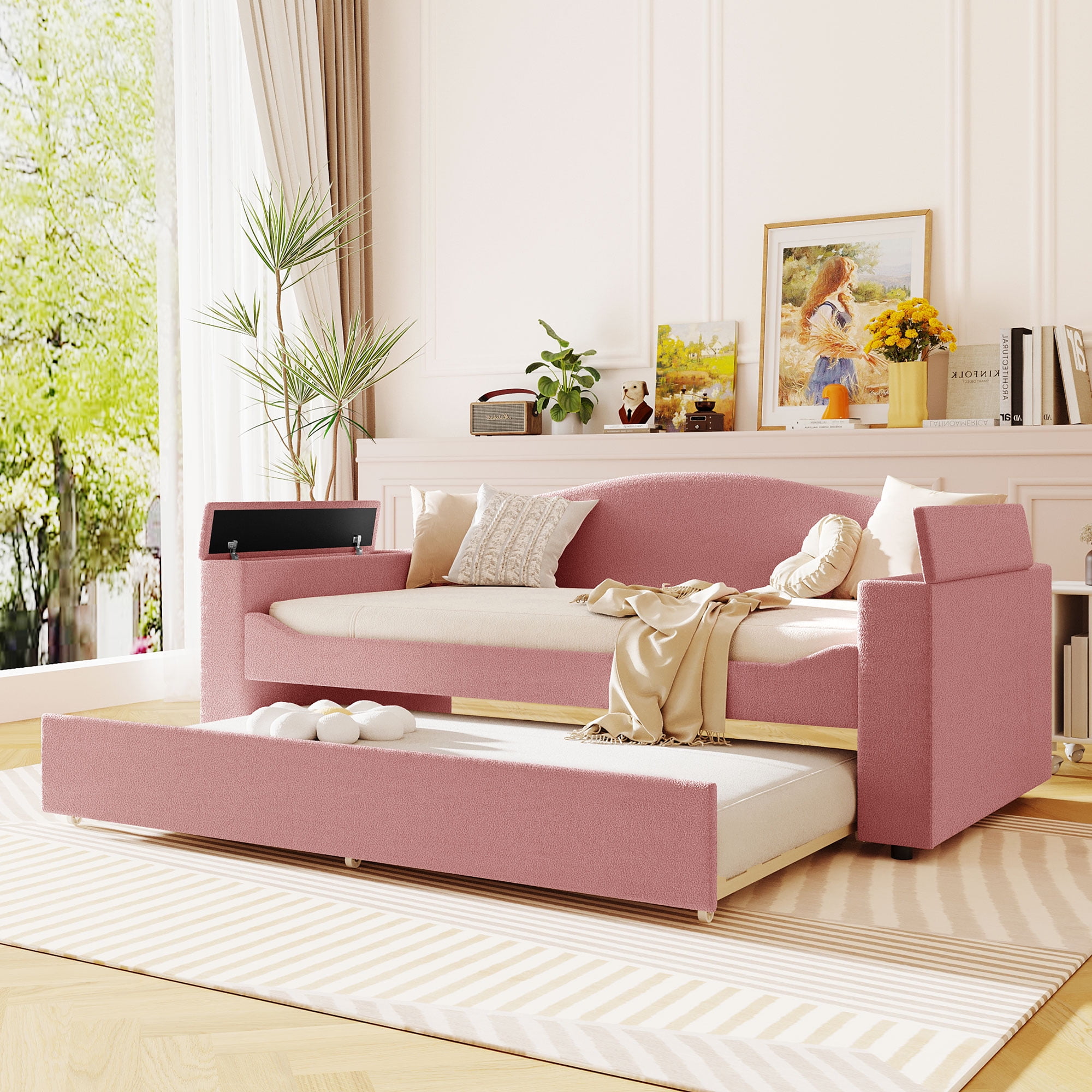 Upholstered Daybed with Storage Armrests, Trundle and Latest Integrated ...