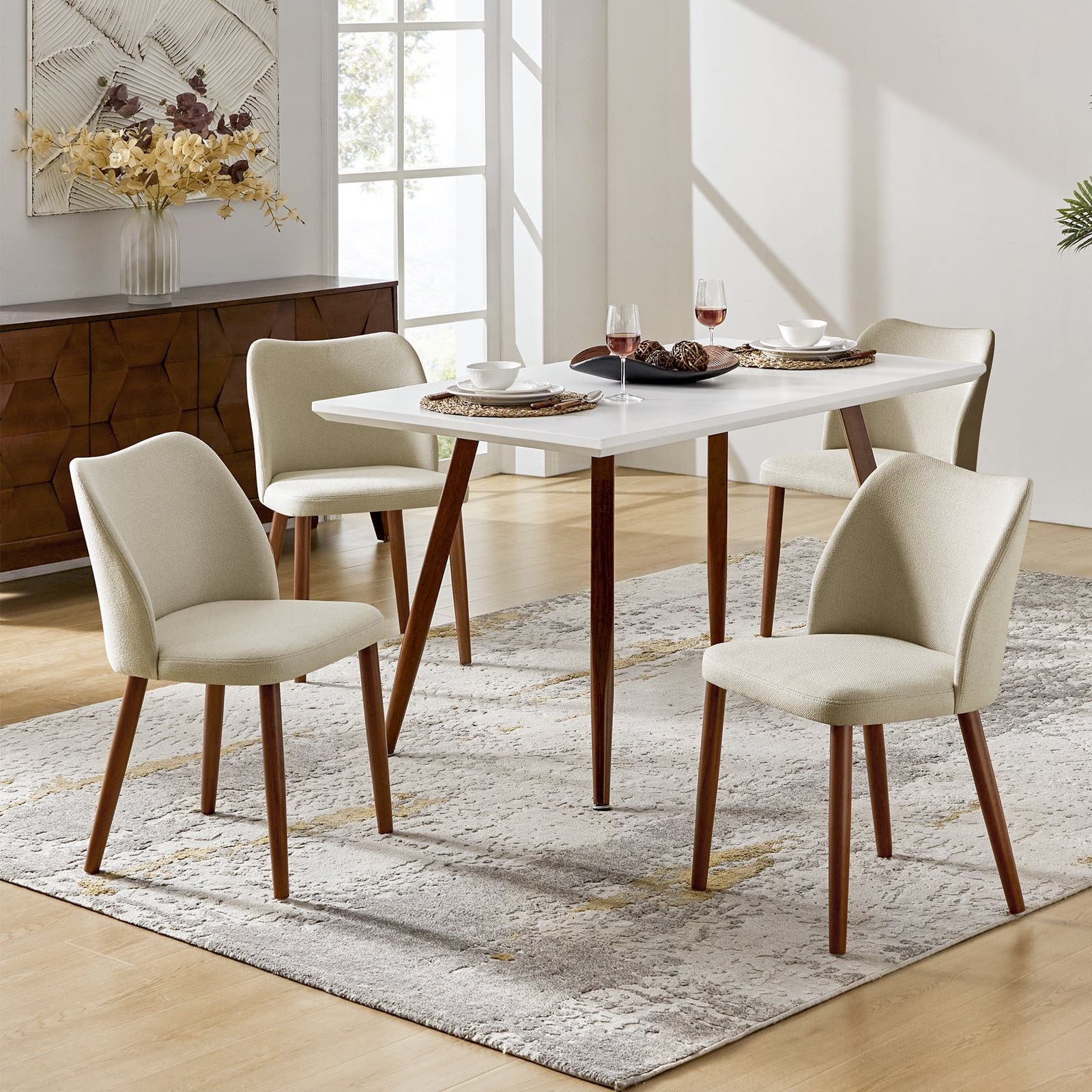 Set of 4 Armless Dining Chairs with Solid Wood Legs and Curved Backrest ...