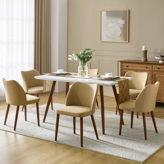 Set of 6 Tan Upholstered Armless Dining Chairs, Solid Wood Legs with ...
