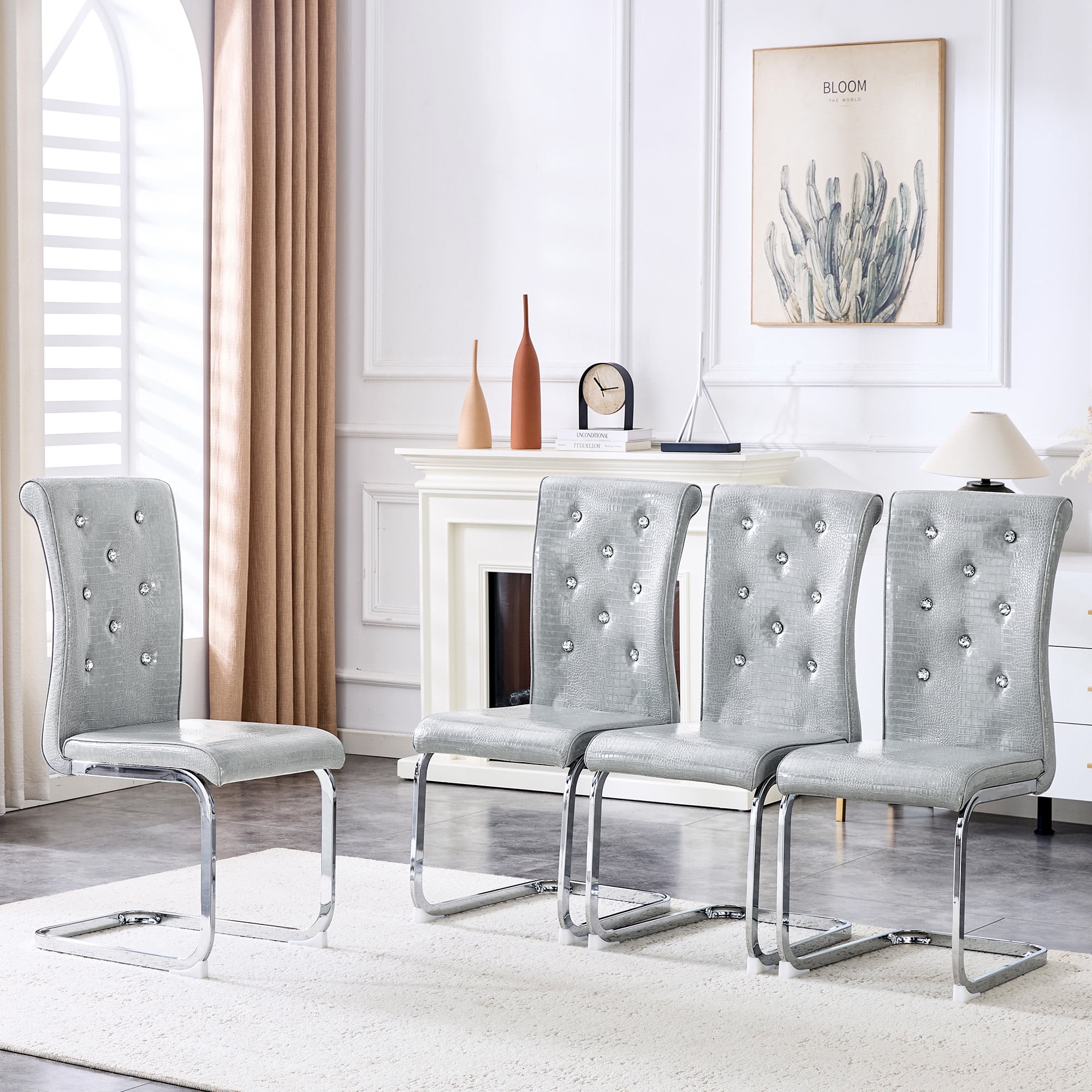 Upholstered Dining Chairs with Retro Faux Alligator Leather and Crystal ...