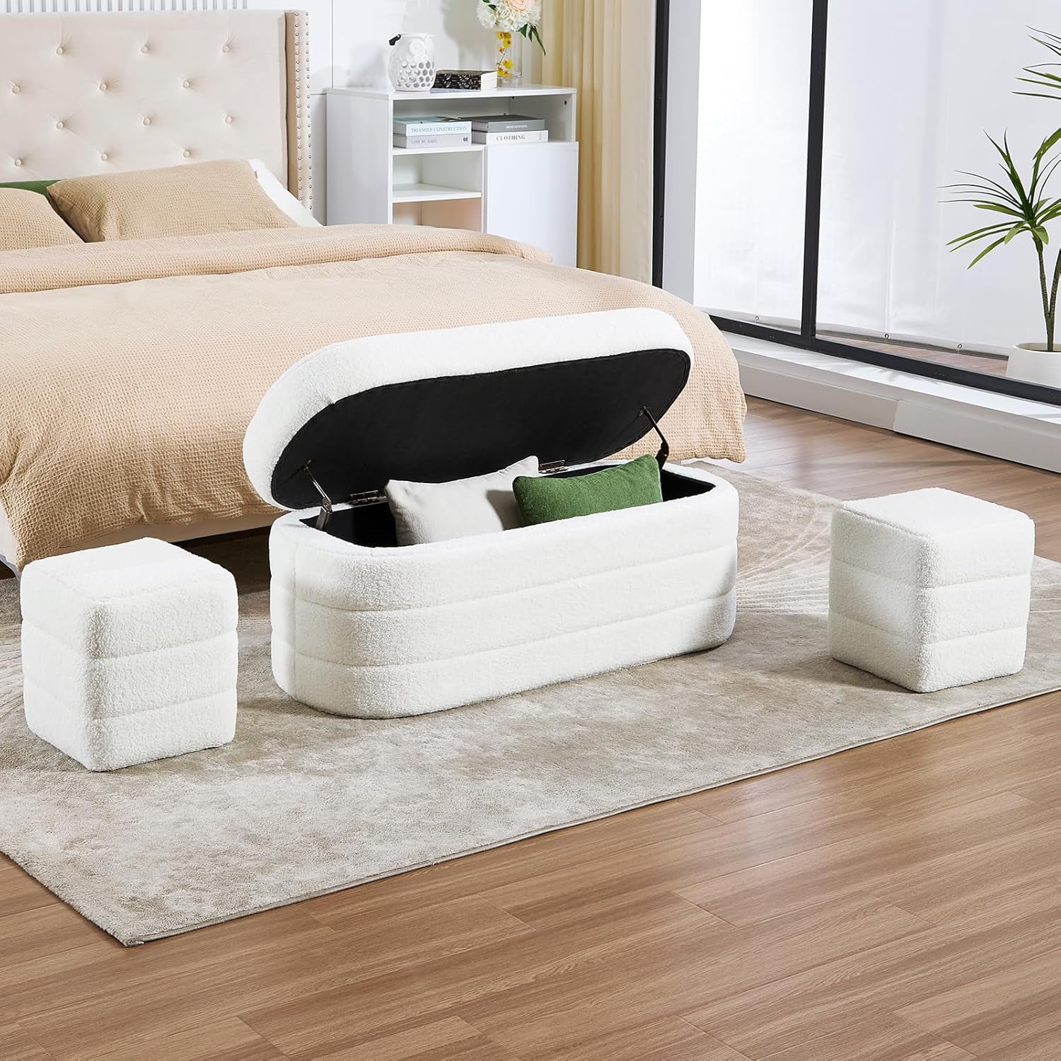 Upholstered End of Bed Storage , 43" Modern Oval Sherpa Fabric Storage ...